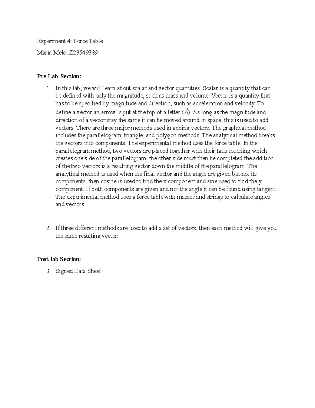 Physics 1 Lab- Experiment 4 Lab Report - Experiment 4: Force Table ...