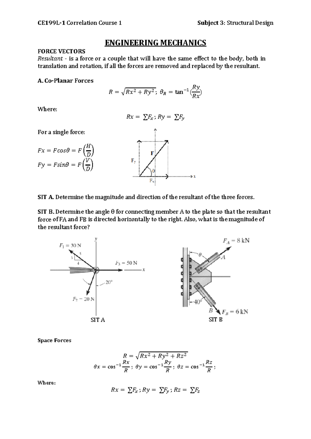 CE199L-1 Engineering Mechanics: Force Vectors and Equilibrium Analysis - Studocu