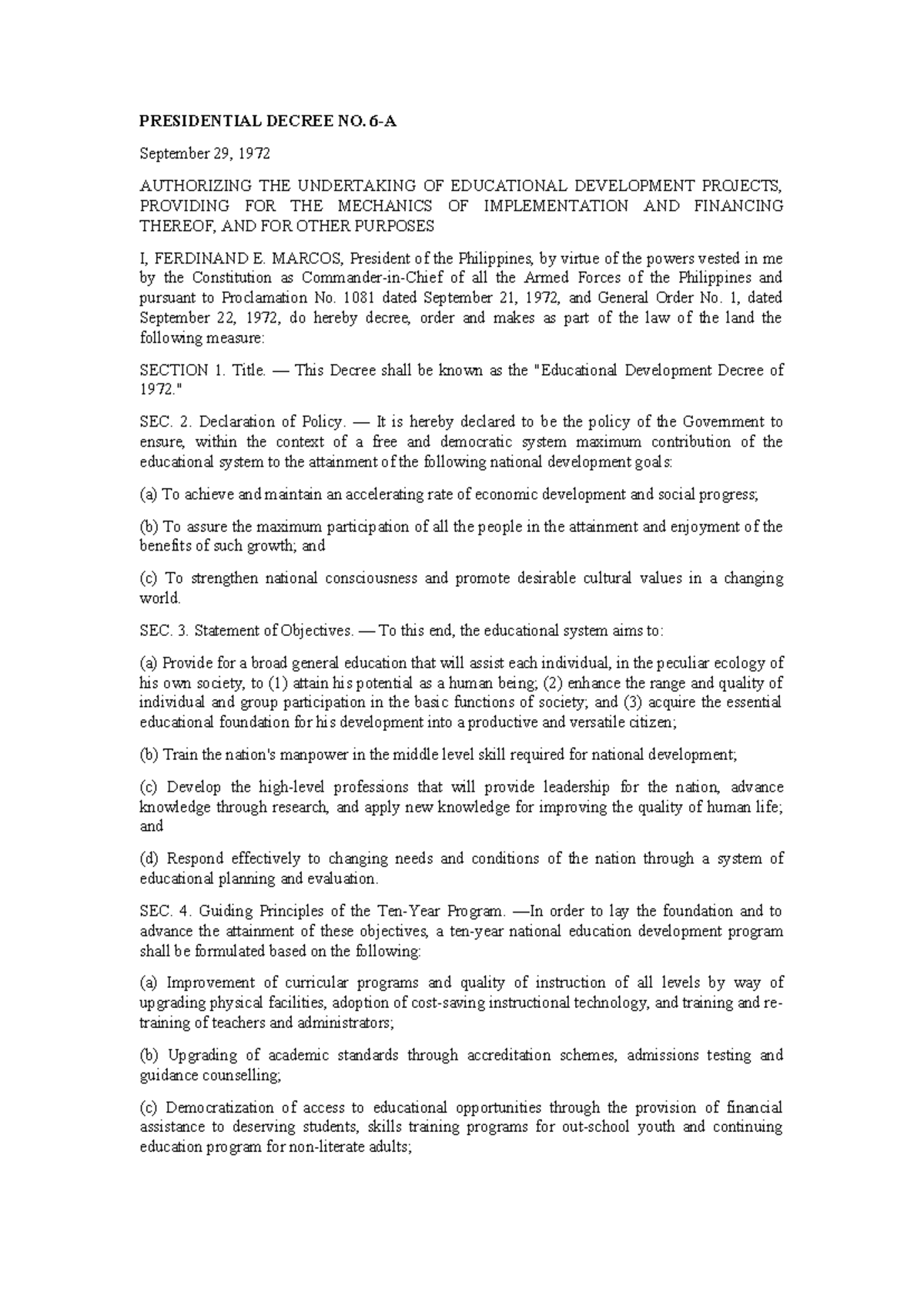 Presidential Decree No. 915: Educational Development Projects (1972 ...