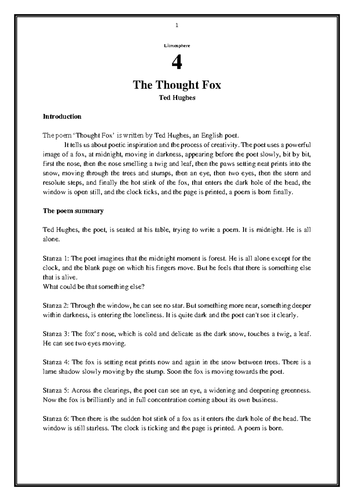 Thought Fox Complete Notes - Litmosphere 4 The Thought Fox Ted Hughes ...