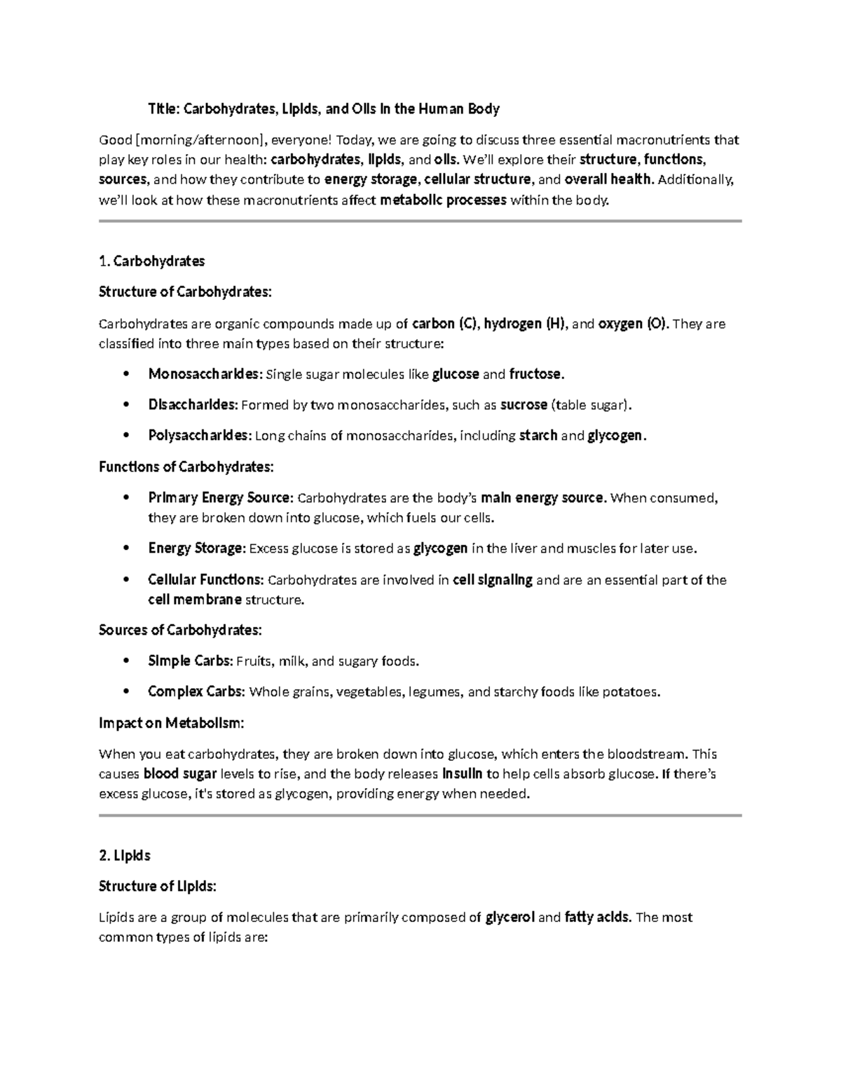 Carbohydrates, Lipids, and Oils: Key Nutrients for Health and ...