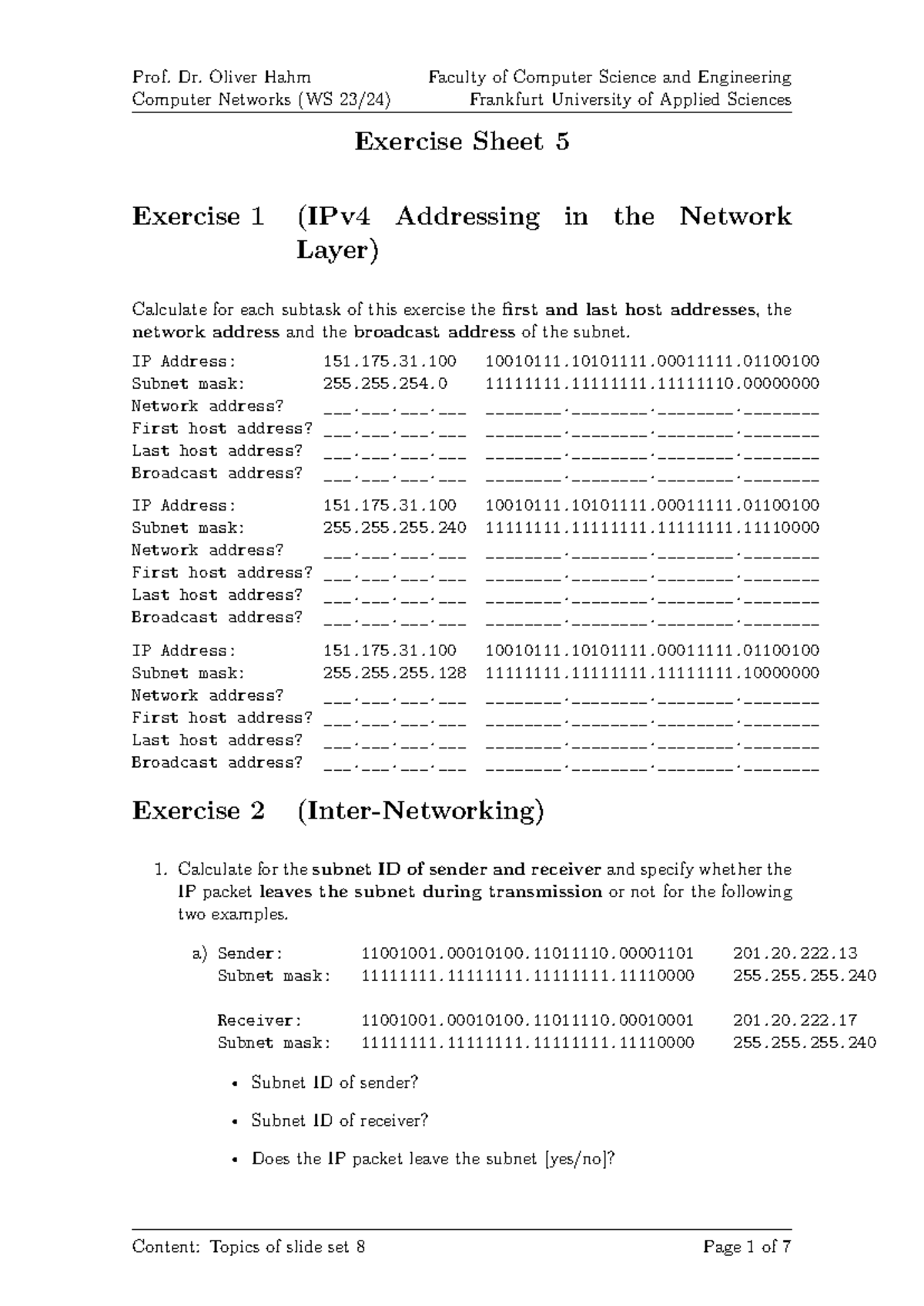 Compnet WS23 Exercise Sheet 05: IPv4 Addressing & Subnetting - Studocu