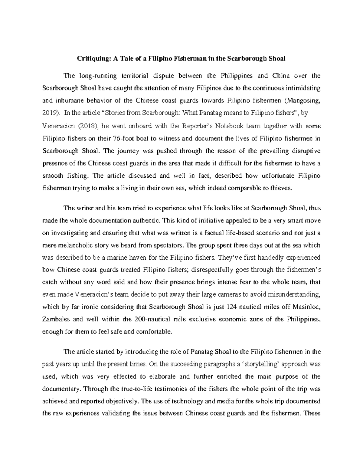 Critique Paper 1 - Critiquing: A Tale of a Filipino Fisherman in the ...