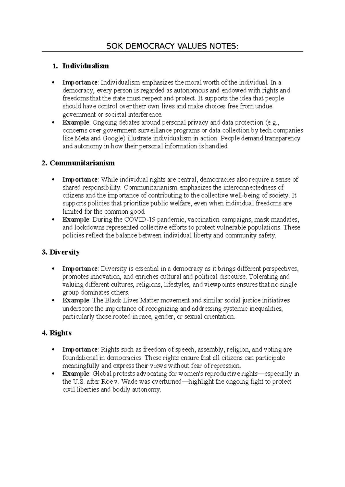 SOK 101: Democracy Values Short Notes and Cultural Perspectives - Studocu