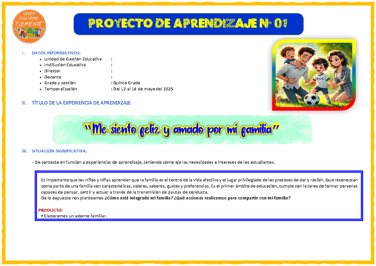 5° PROY 1 MAYO: Experiencia de Aprendizaje sobre la Familia y sus ...