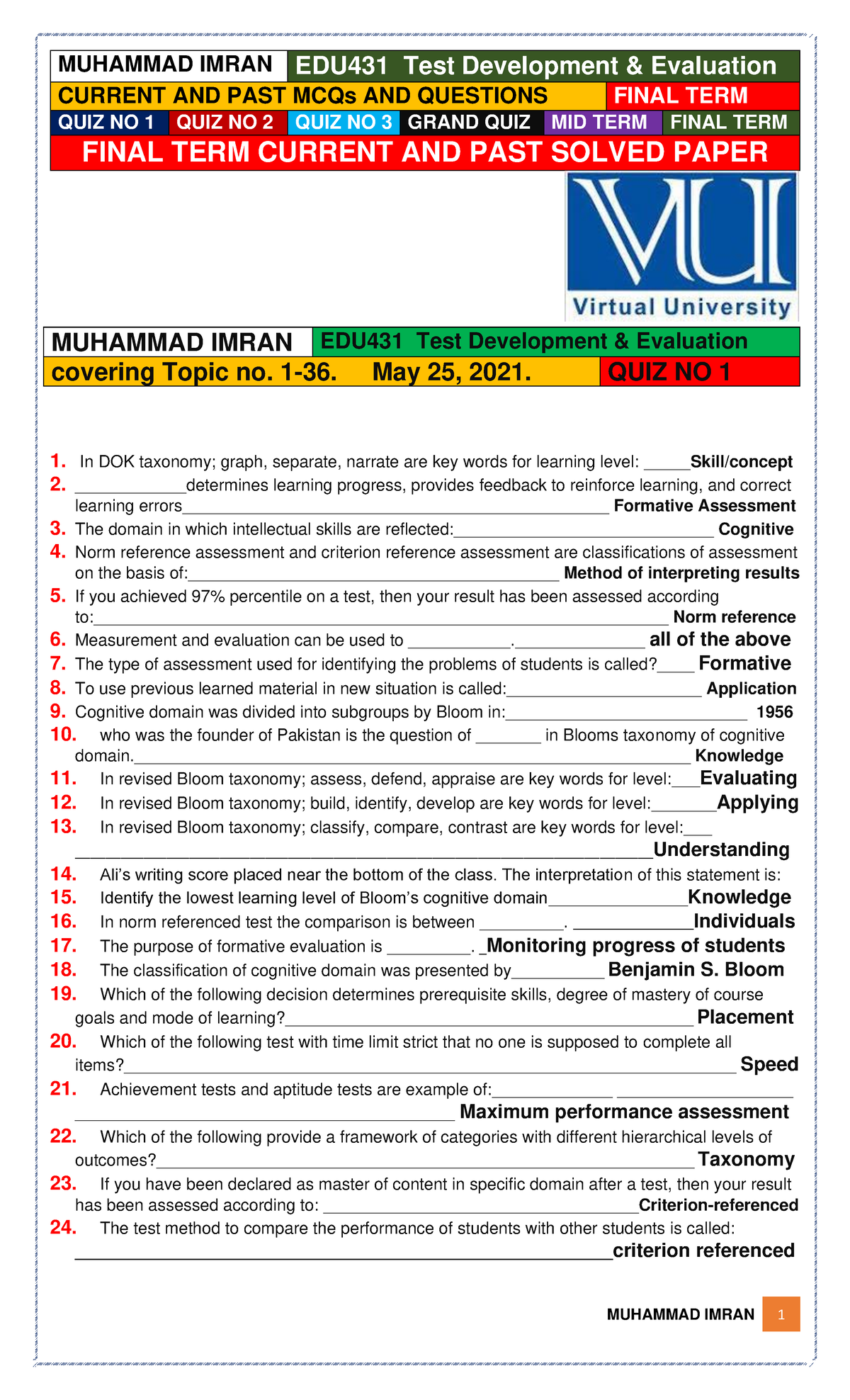 EDU431 Final Term MCQs & Questions for Test Development & Evaluation ...