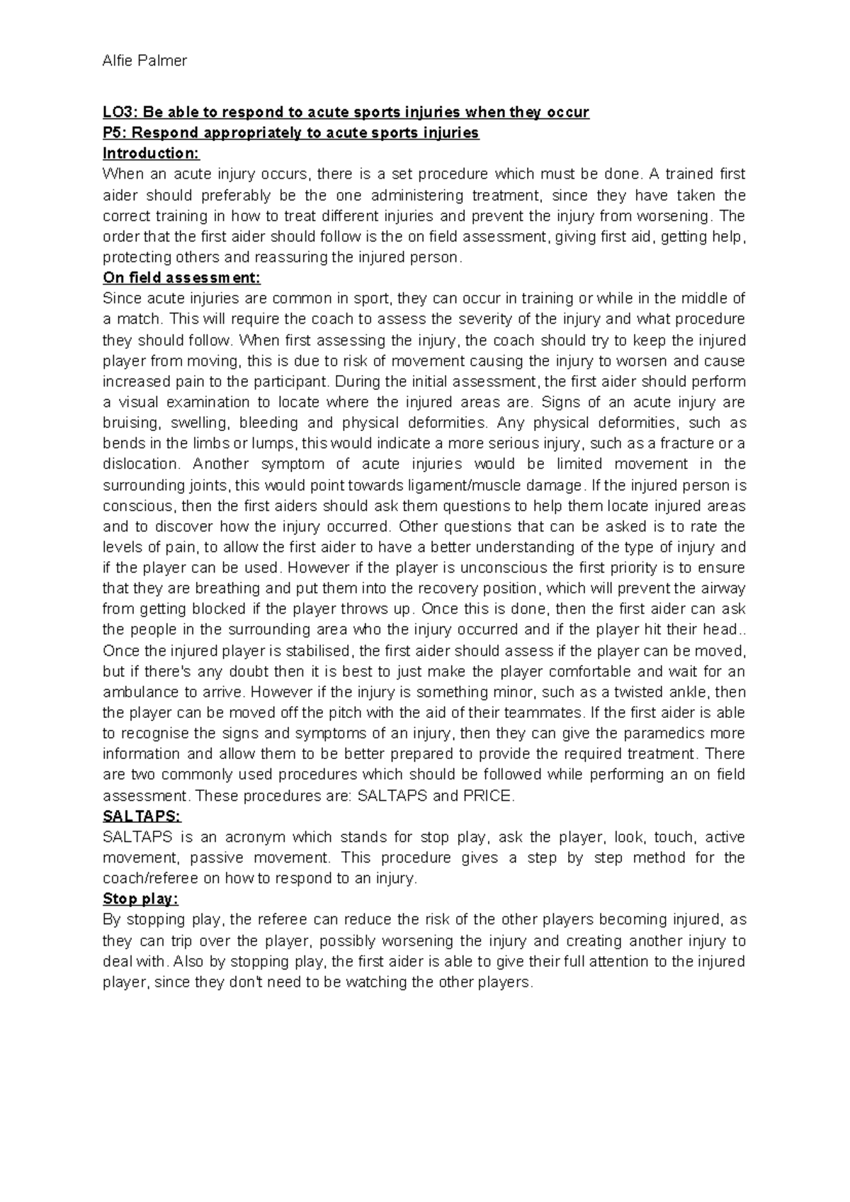 Unit 3 LO3 AP - Acute Sports Injury Response - Cambridge Sport - Studocu