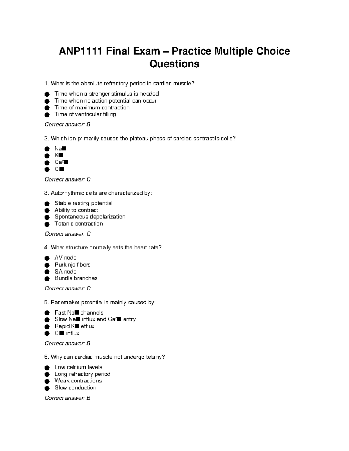 ANP1111 Final Exam MCQ Practice Questions on Cardiac Muscle - Studocu
