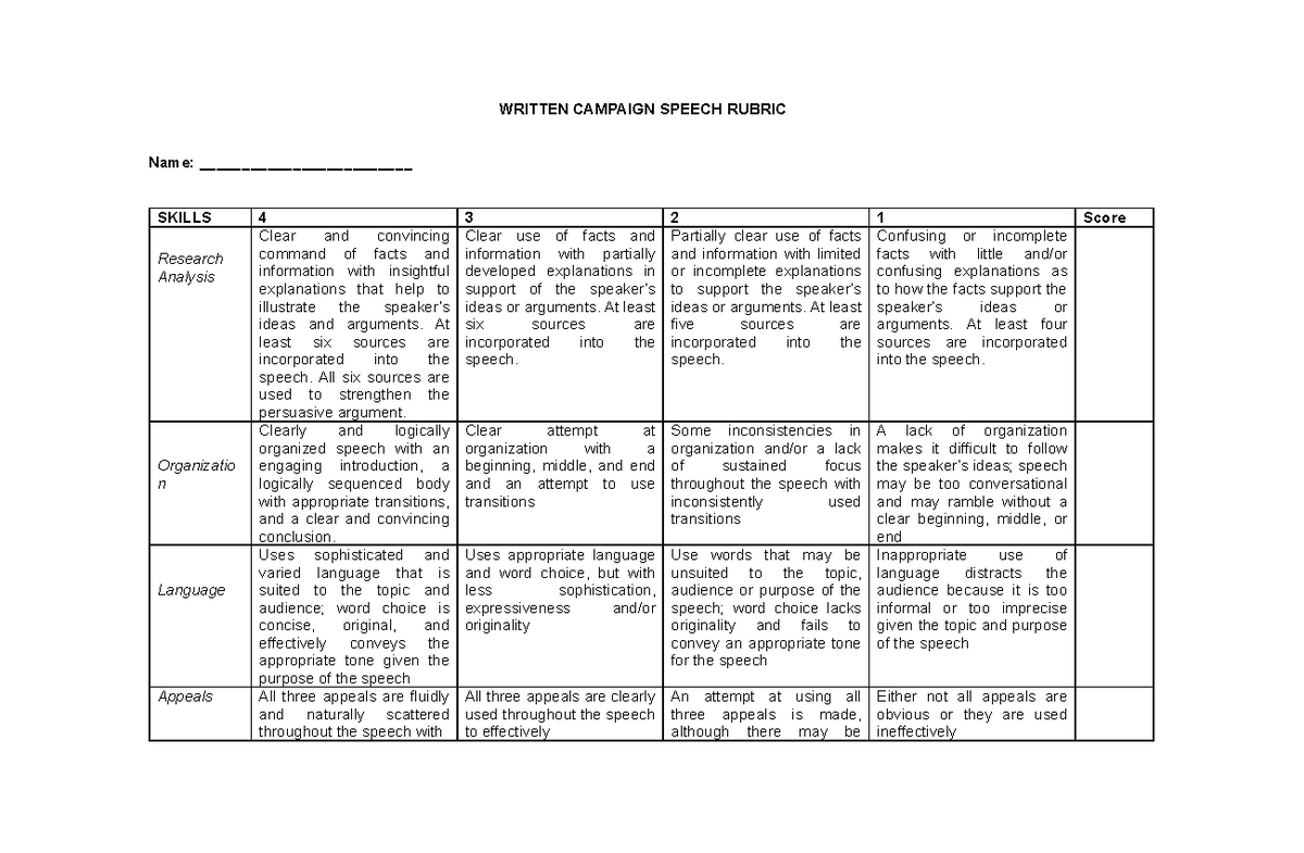 2012 Written Speech Rubric for Effective Campaign Speeches - Studocu