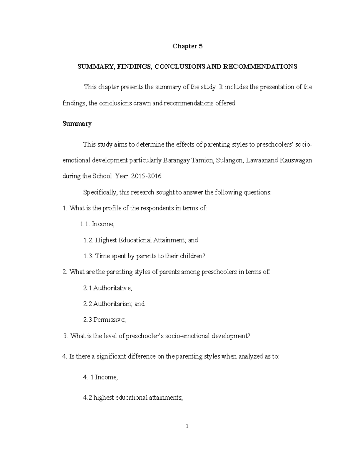 Chapter 5 - Research paper - Chapter 5 SUMMARY, FINDINGS, CONCLUSIONS ...