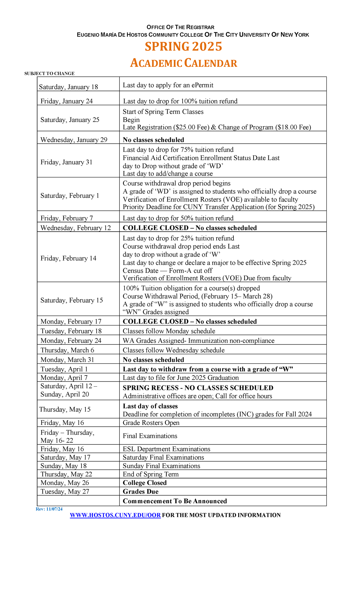 Spring 2025 Academic Calendar - Eugenio María de Hostos CC - Studocu