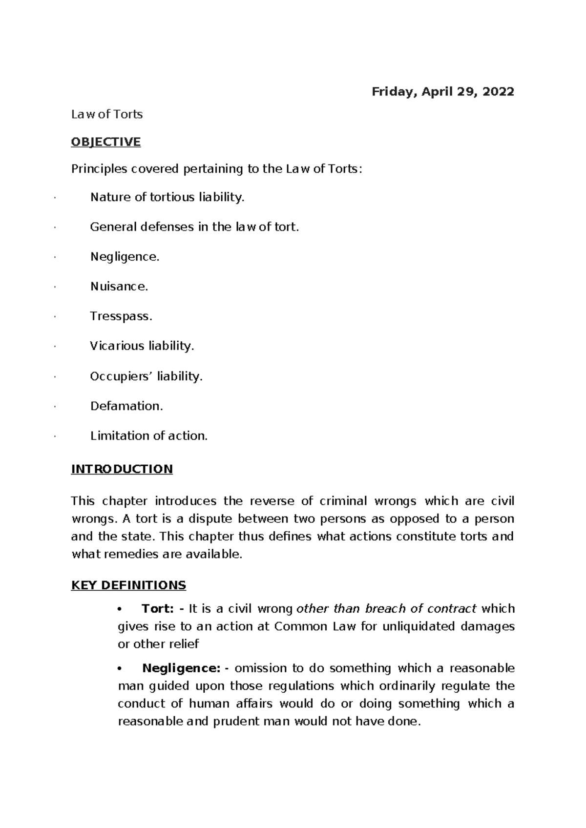 Law of Torts (LAW 101) - Key Principles and Defenses Explained - Studocu