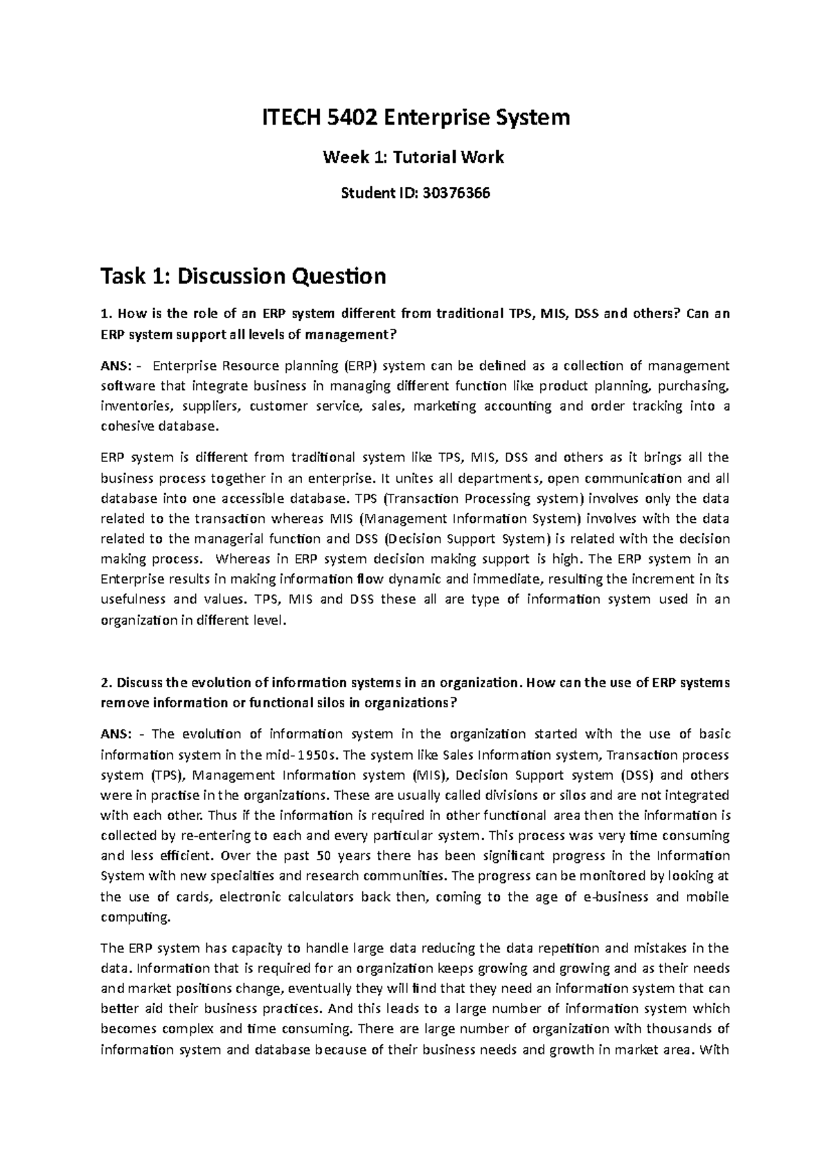 Week-1 (Tutorial) - ITECH 5402 Enterprise System Week 1: Tutorial Work ...