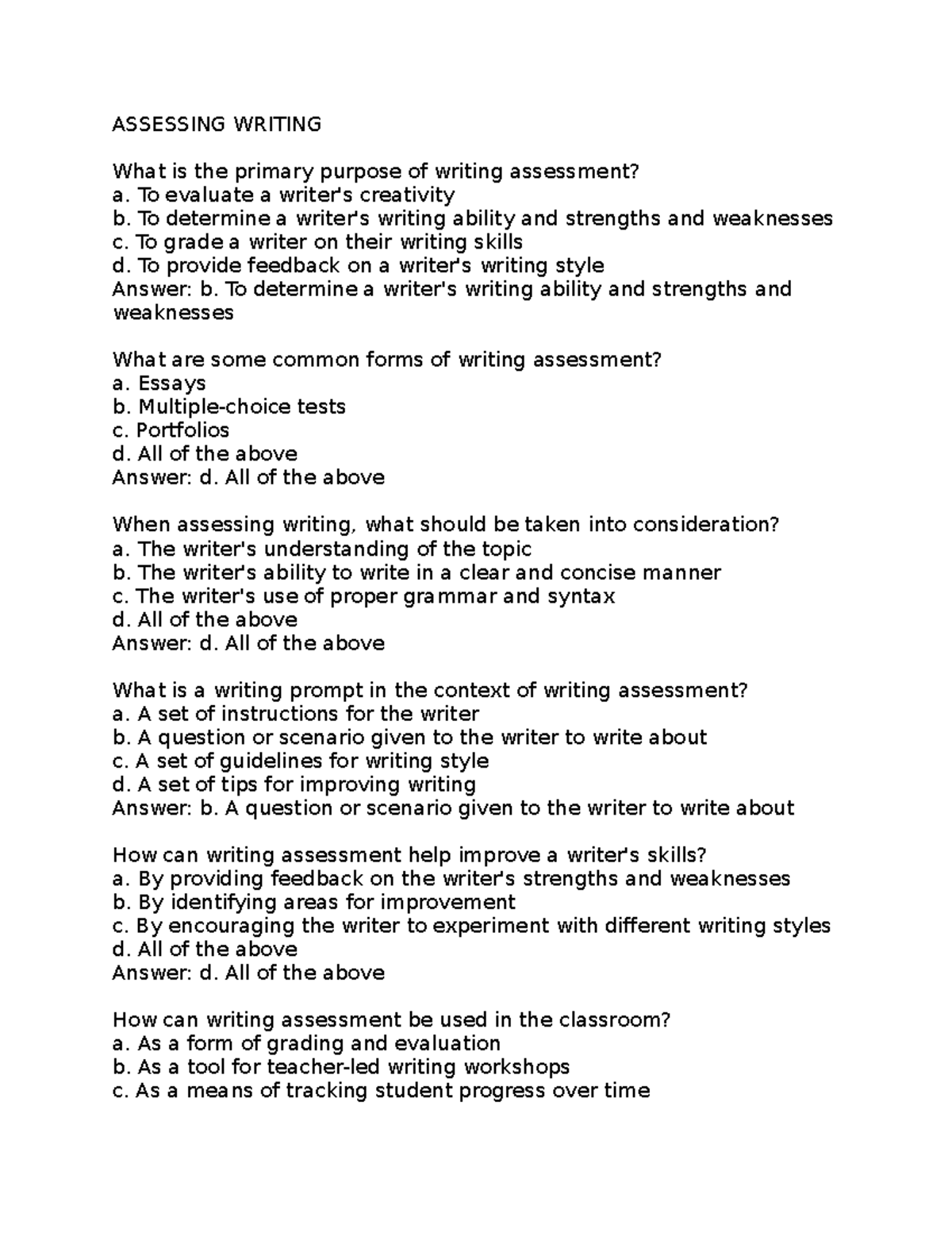 Assessing Writing Skills - QUIZ Guide for Success - Studocu