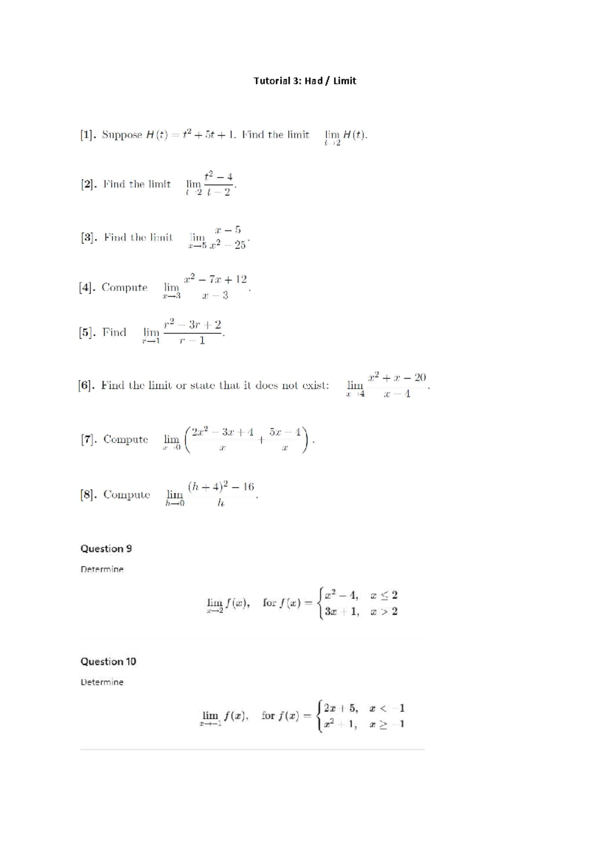 Tutorial 3: Finding Limits and Evaluating Functions - Studocu