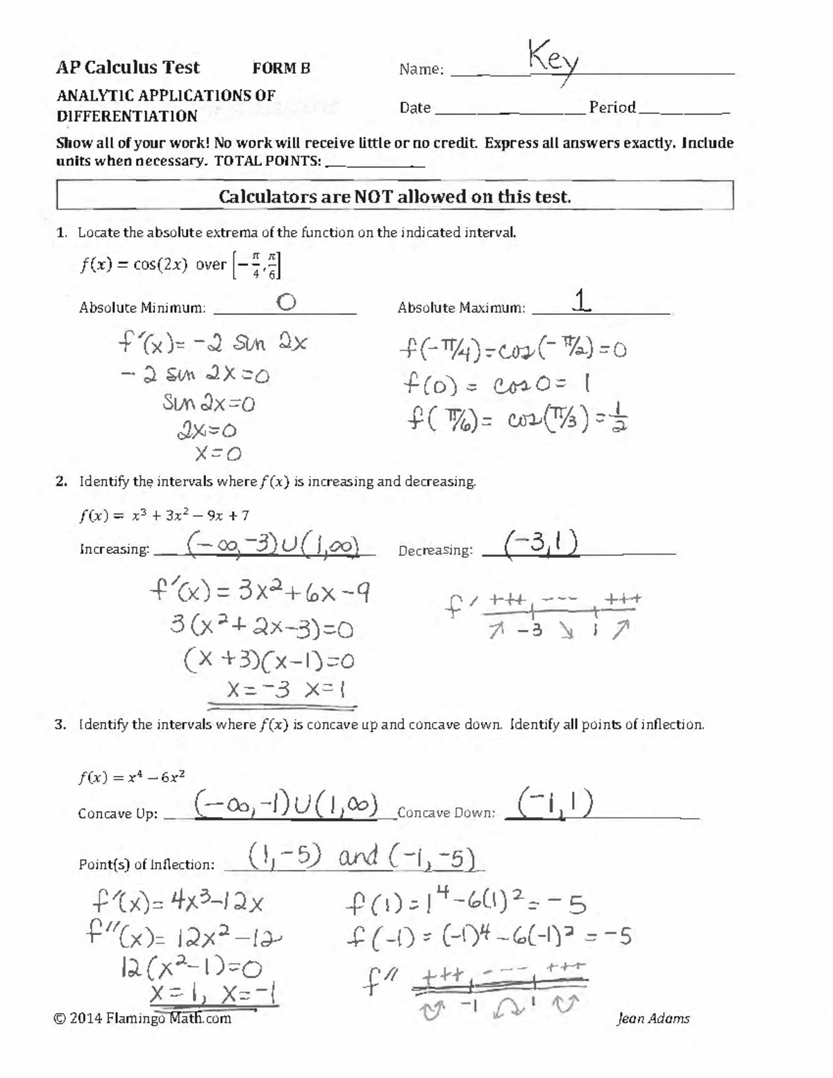 AP Calculus (FORM B) - Analytic Applications of Differentiation Test ...