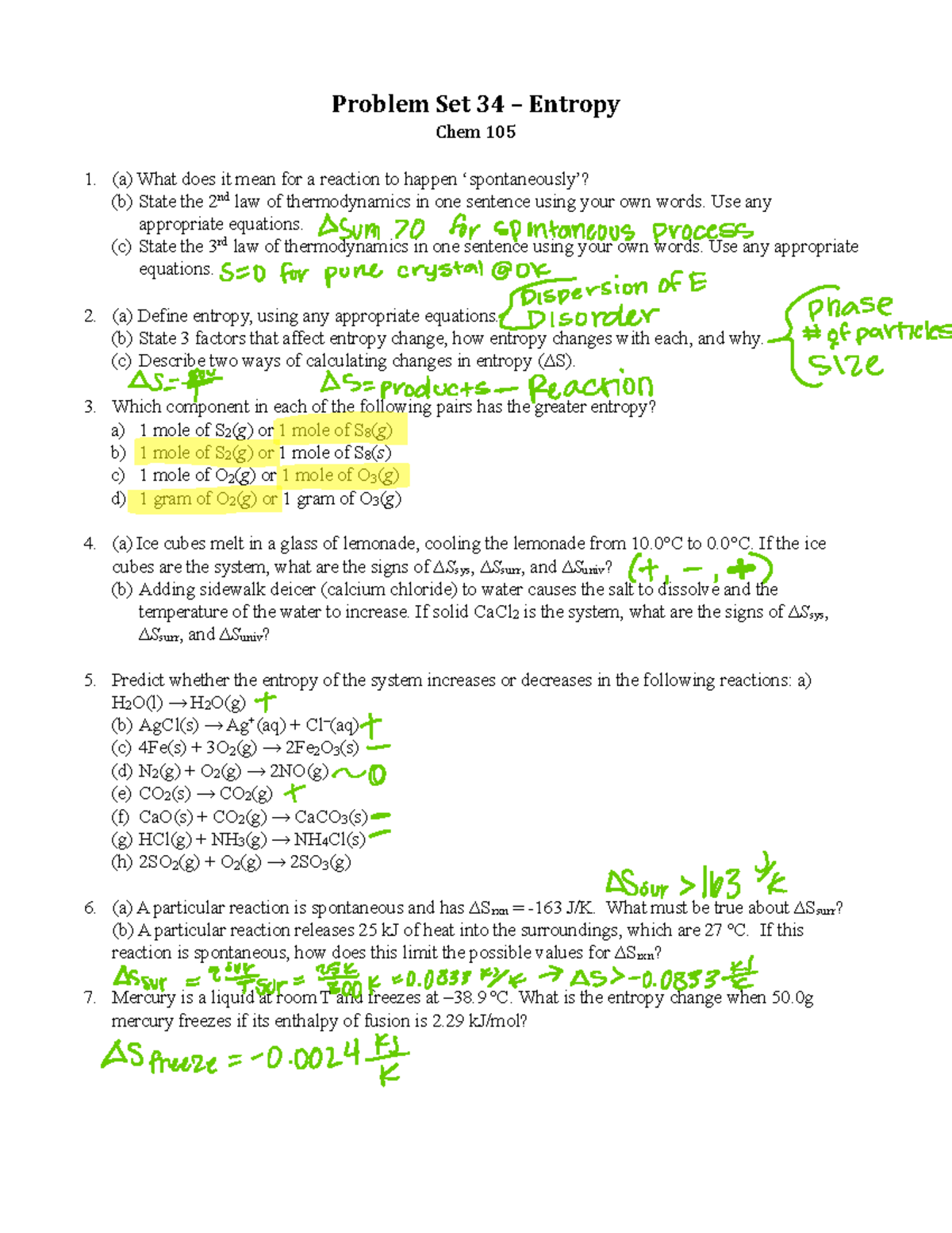 PS 34 - Problem Set on Entropy in Chem 105 - Studocu