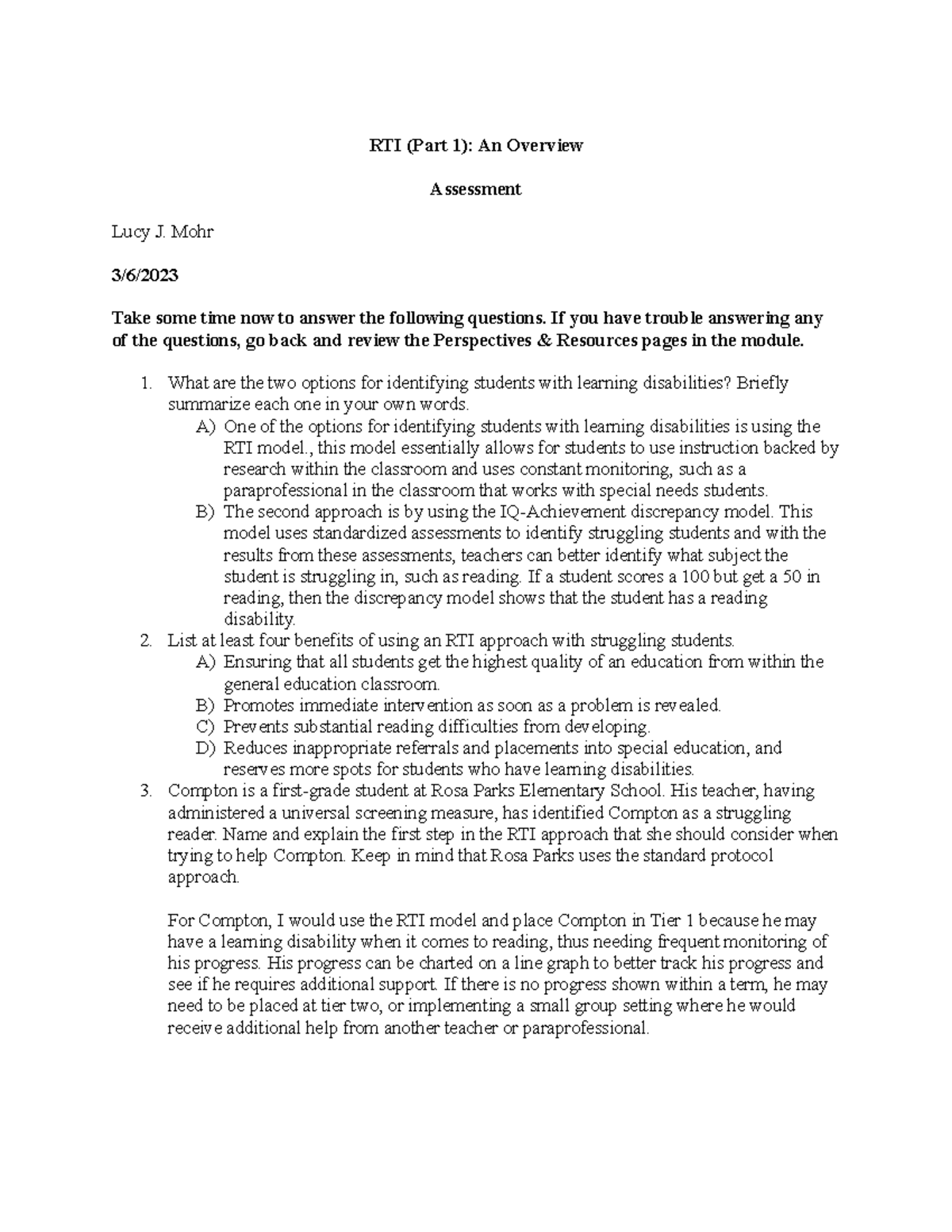 IRIS Module 1 RTI Assessment & Overview of Learning Disabilities - Studocu