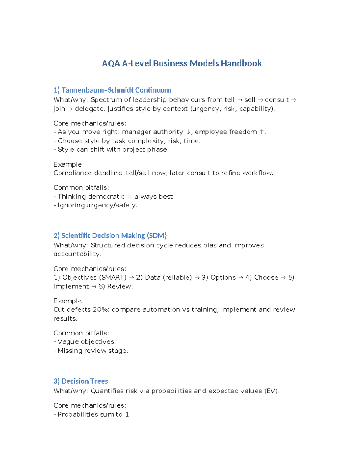 AQA Business Models & Theories Summary Notes - Studocu