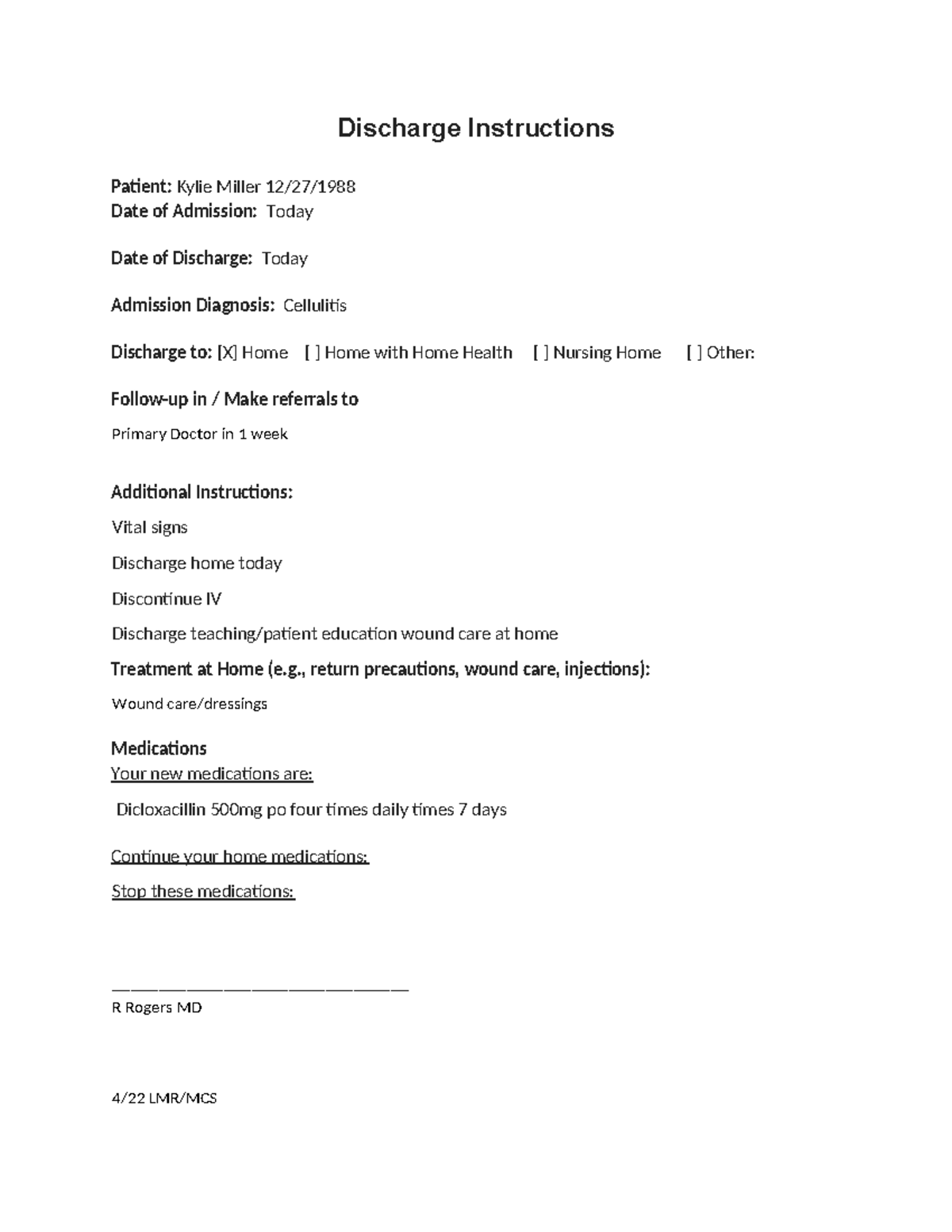 Kylie Miller Discharge Instructions for simulation Lab - Discharge ...