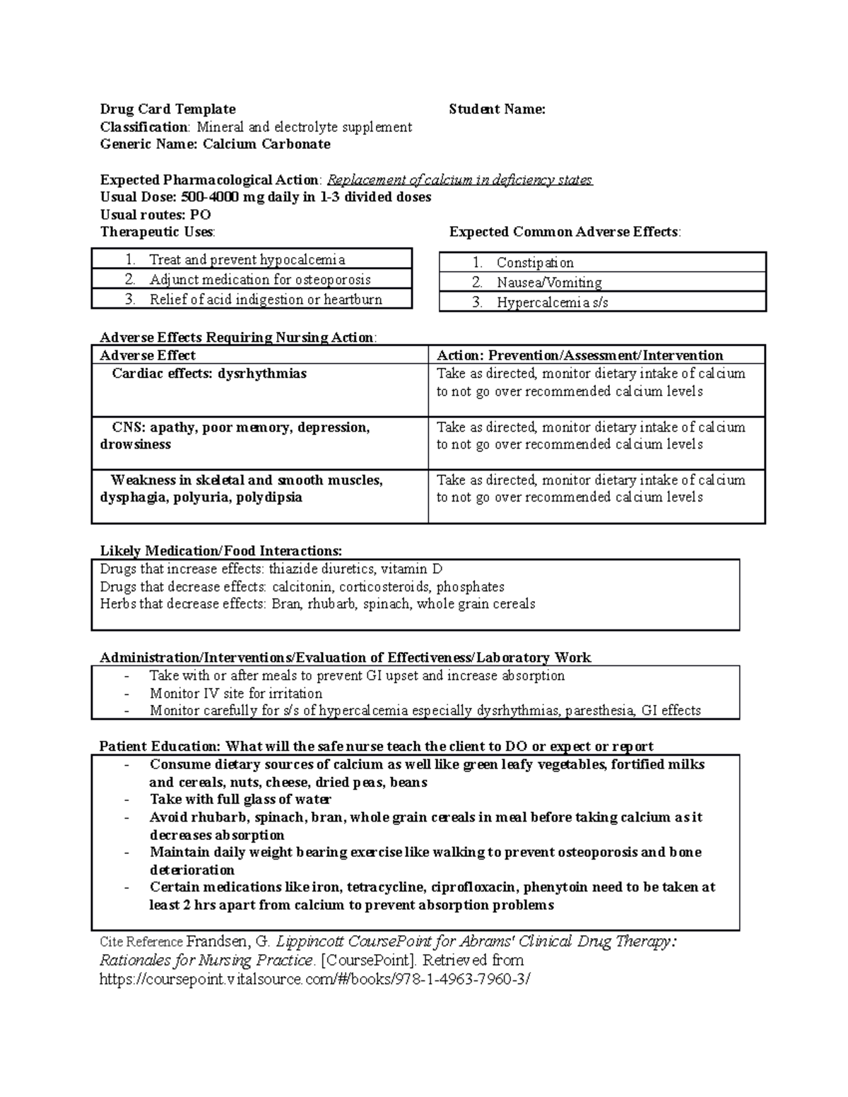 Calcium Carbonate Drug Card - Nursing Insights and Guidelines - Studocu