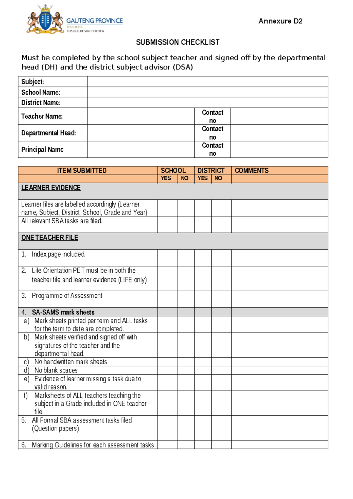 Annexure D2 Submission Checklist for Teacher Moderation - Grade 12 2026 ...