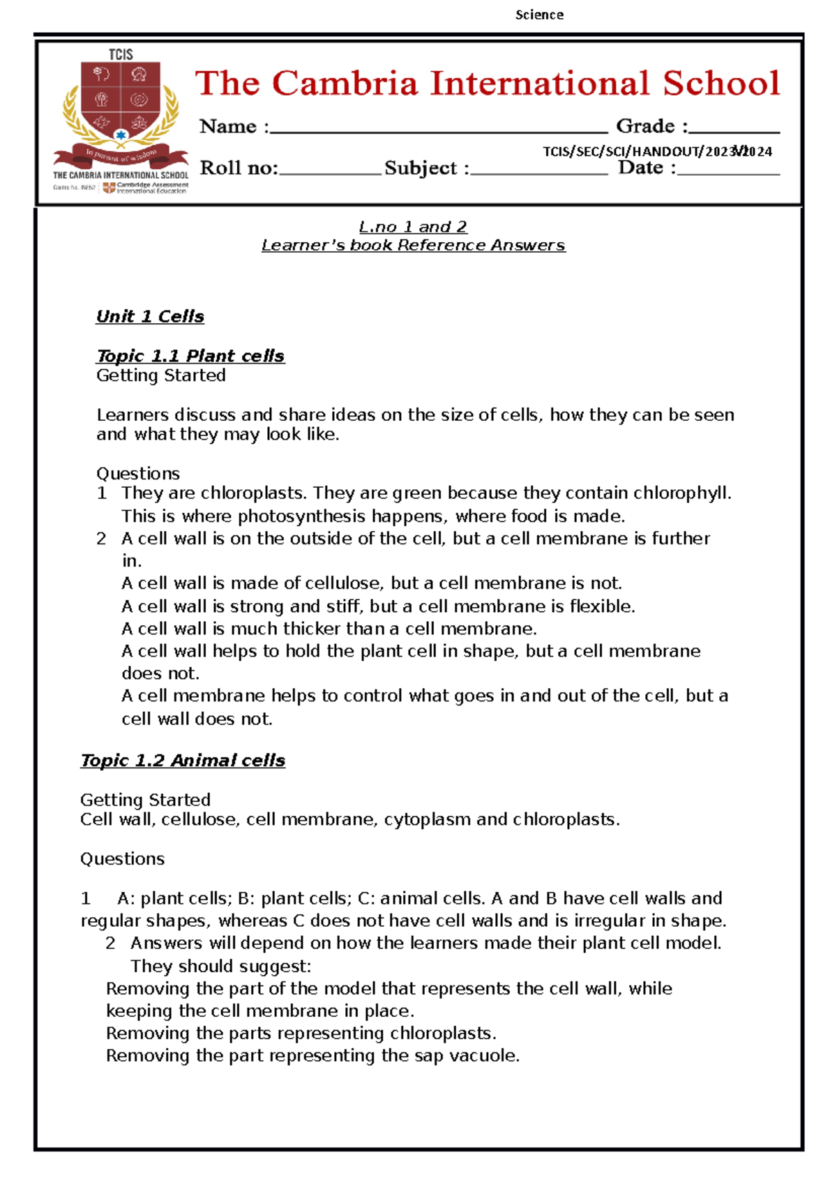 Grade 6 Science Units 1 & 2 Chapter Handouts for 2023-2024 - Studocu