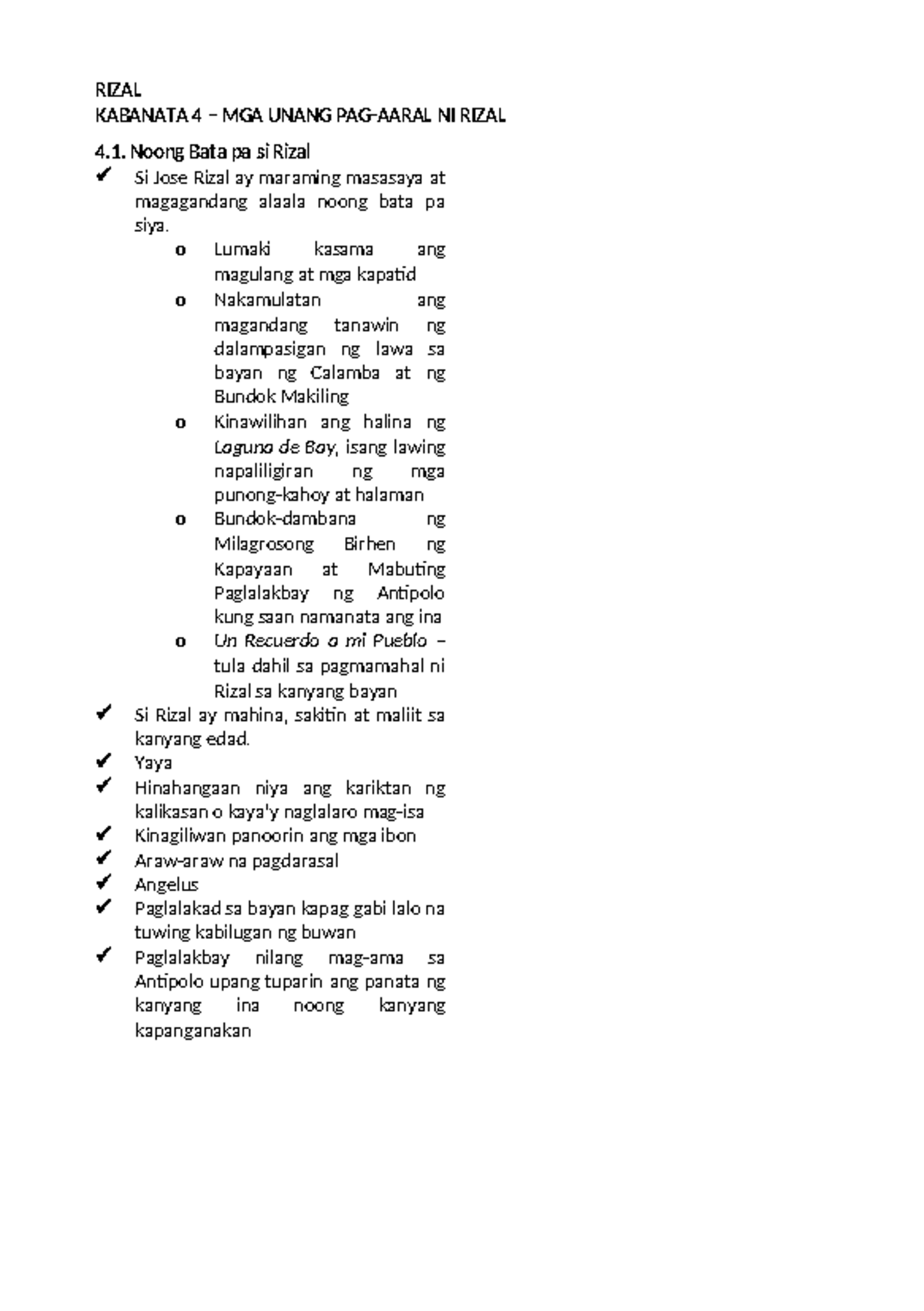 RIZAL KABANATA 4: MGA UNANG ALALA AT KAPALIGIRAN - Studocu