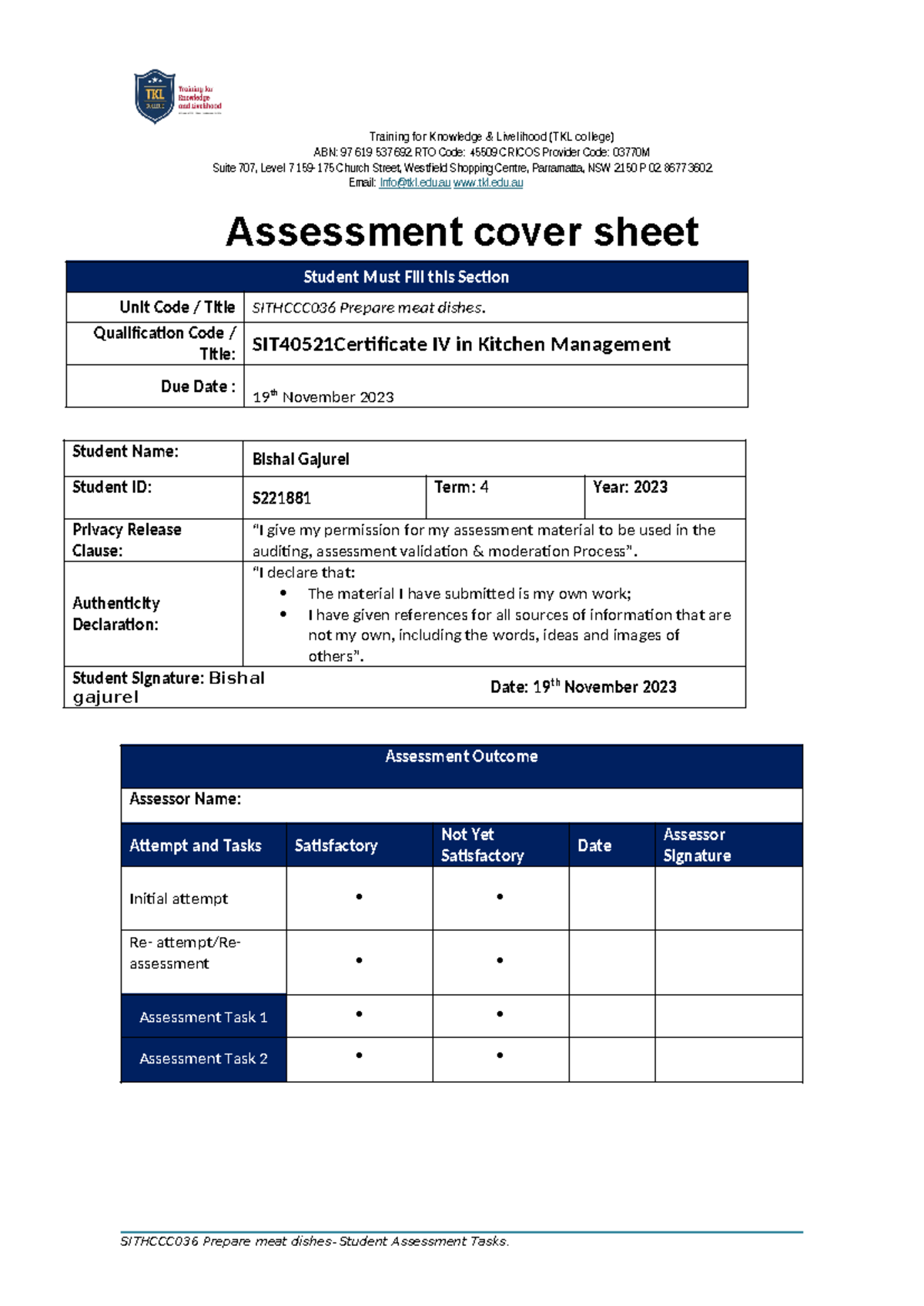 SITHCCC036 Assessment Tasks: Preparing Meat Dishes Guide - Studocu