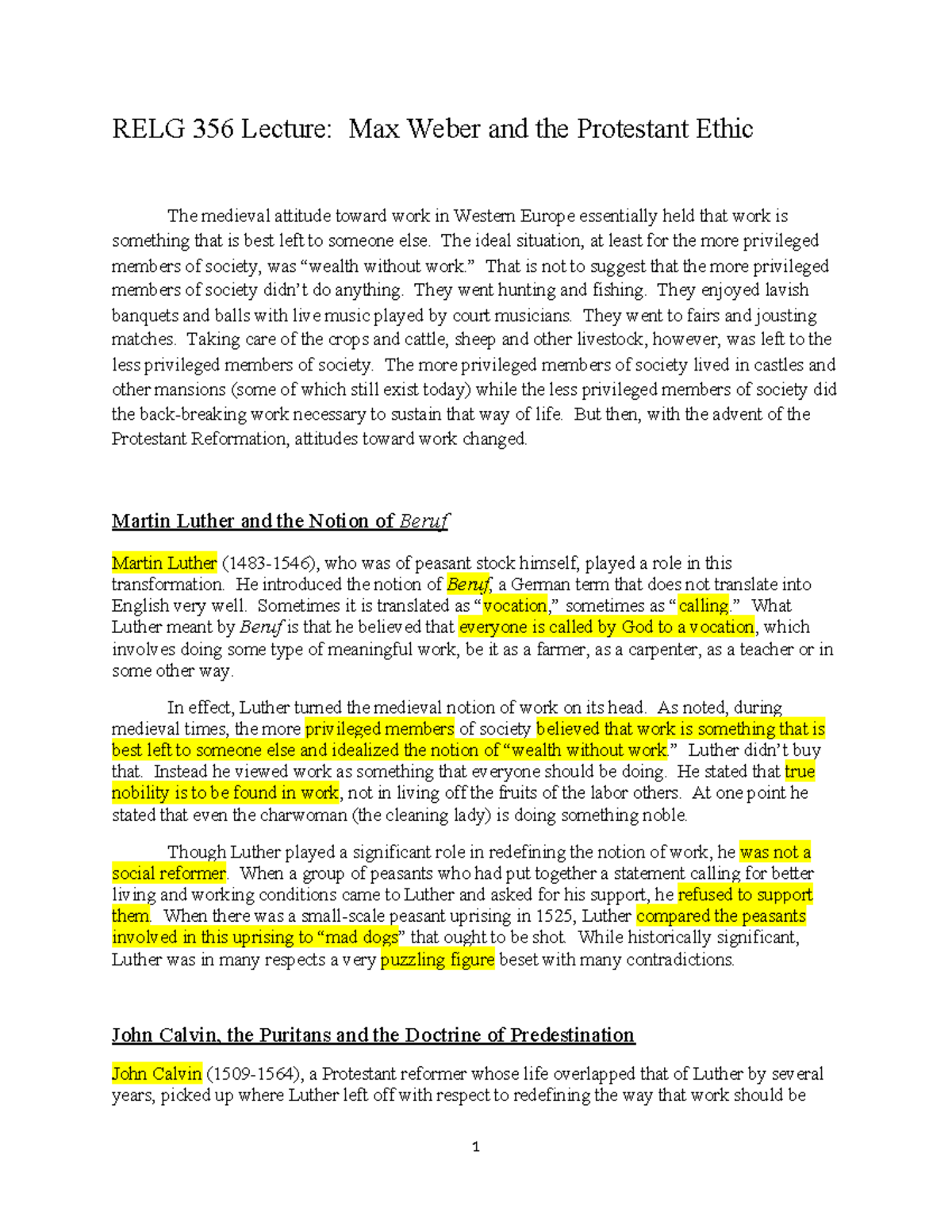 RELG 356 Lecture: Max Weber's Protestant Ethic and Work Ethics - Studocu