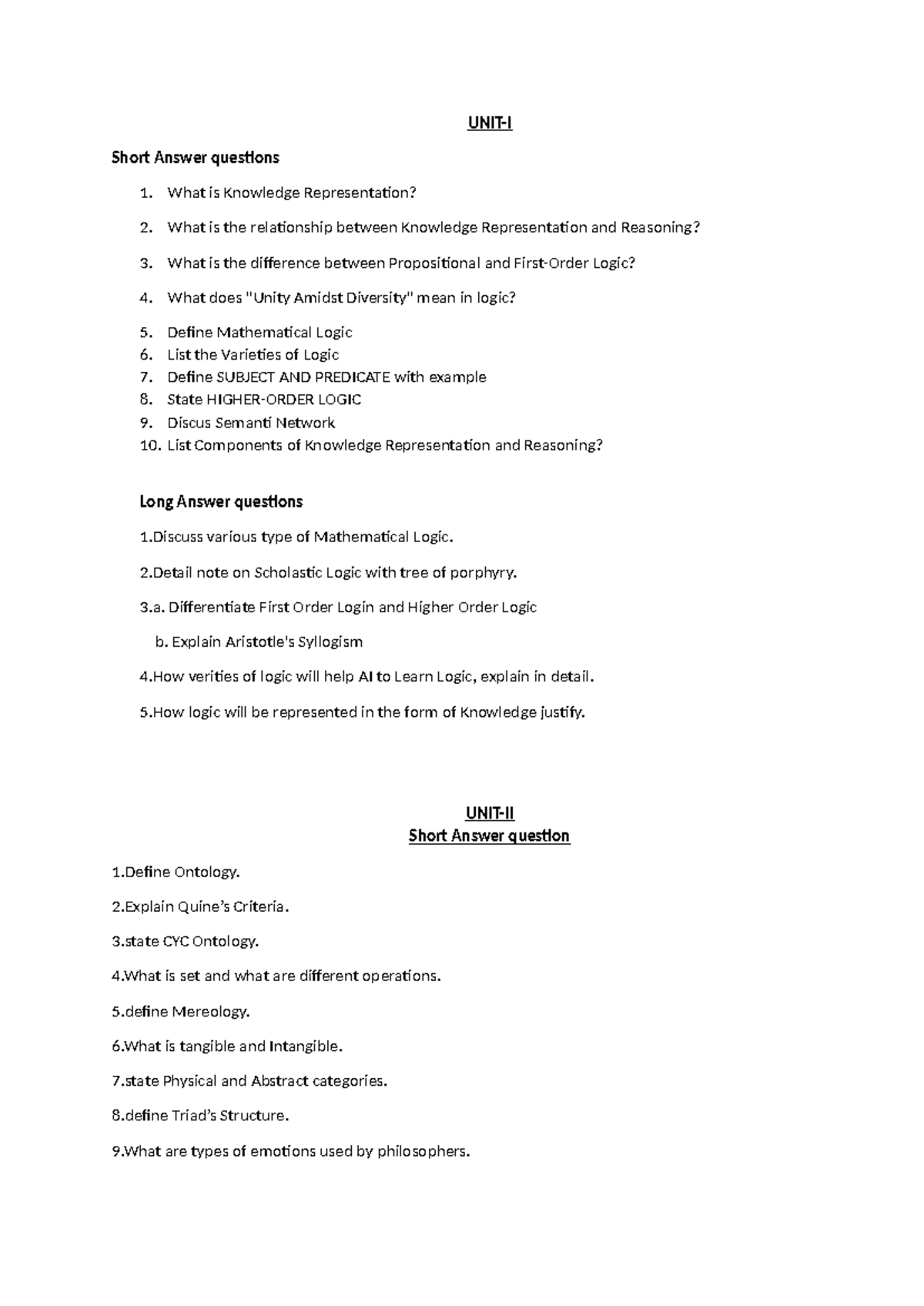 KRR-Question Bank 1-3: Key Concepts in Knowledge Representation and ...