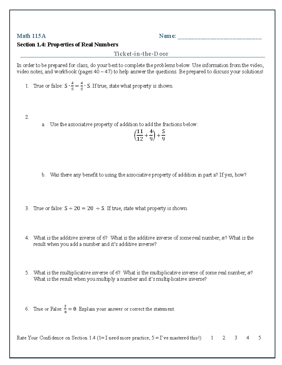 Math 115A Section 1.4: Worksheet on Properties of Real Numbers - Studocu