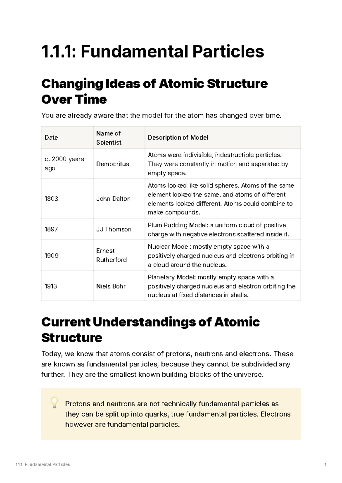 1.1.1: Evolution of Atomic Structure and Fundamental Particles - Studocu