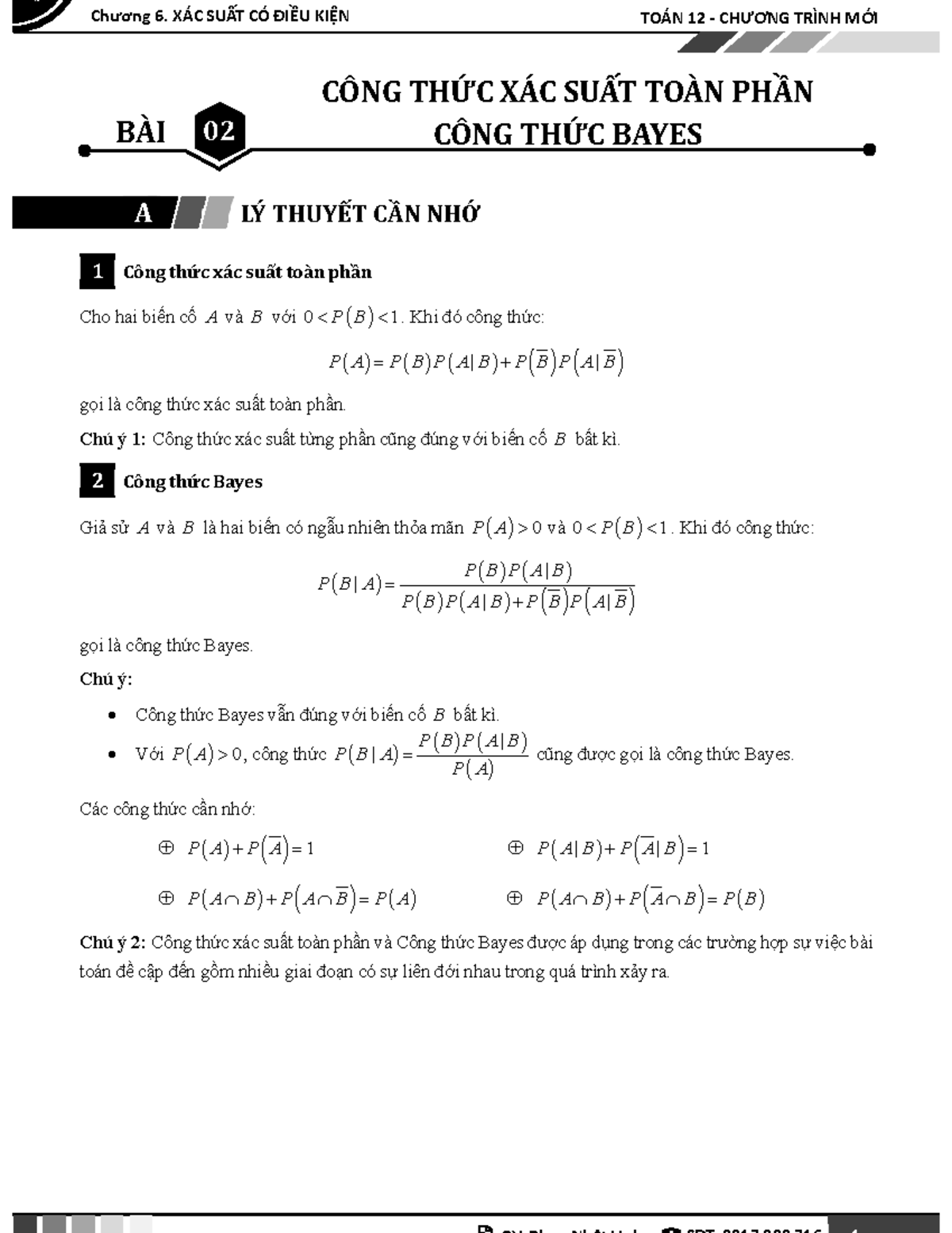LT b2 xs - Xác suất có điều kiện, Toàn phần và Công thức Bayes - Studocu