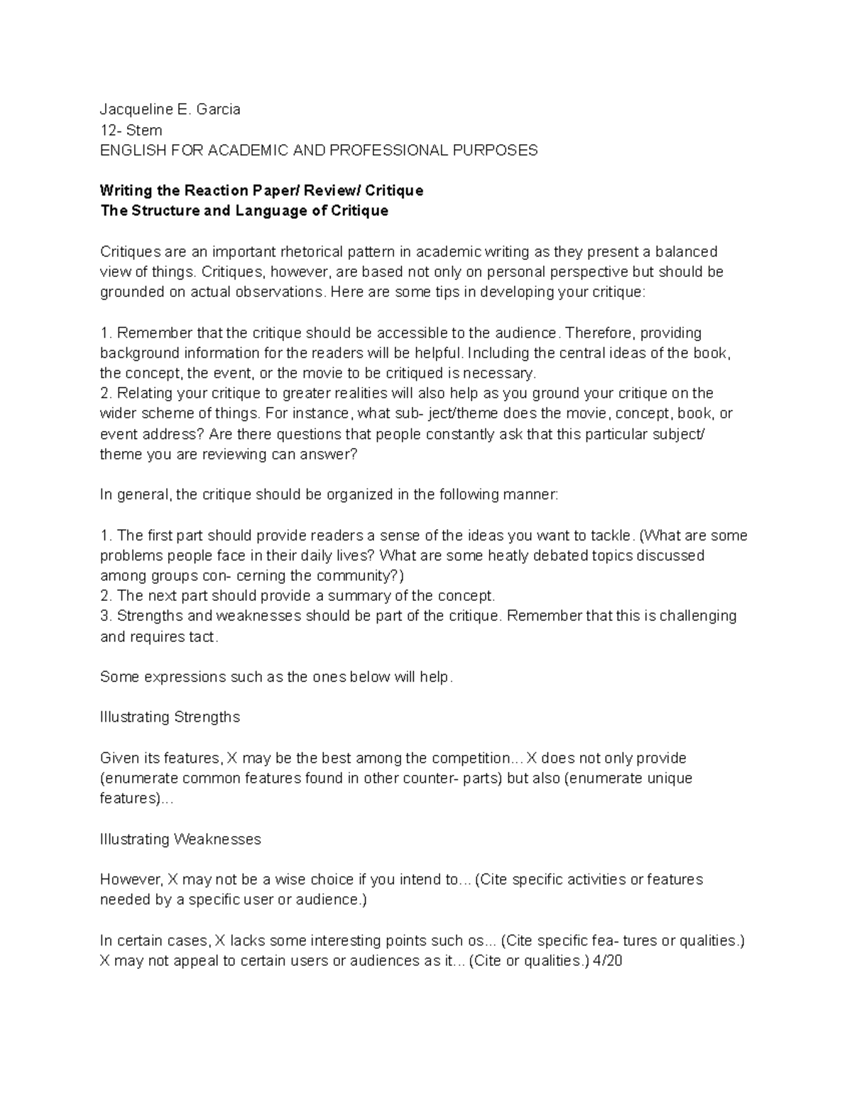 Reaction Paper Writing Guide - ENGL 12 Stem - Studocu