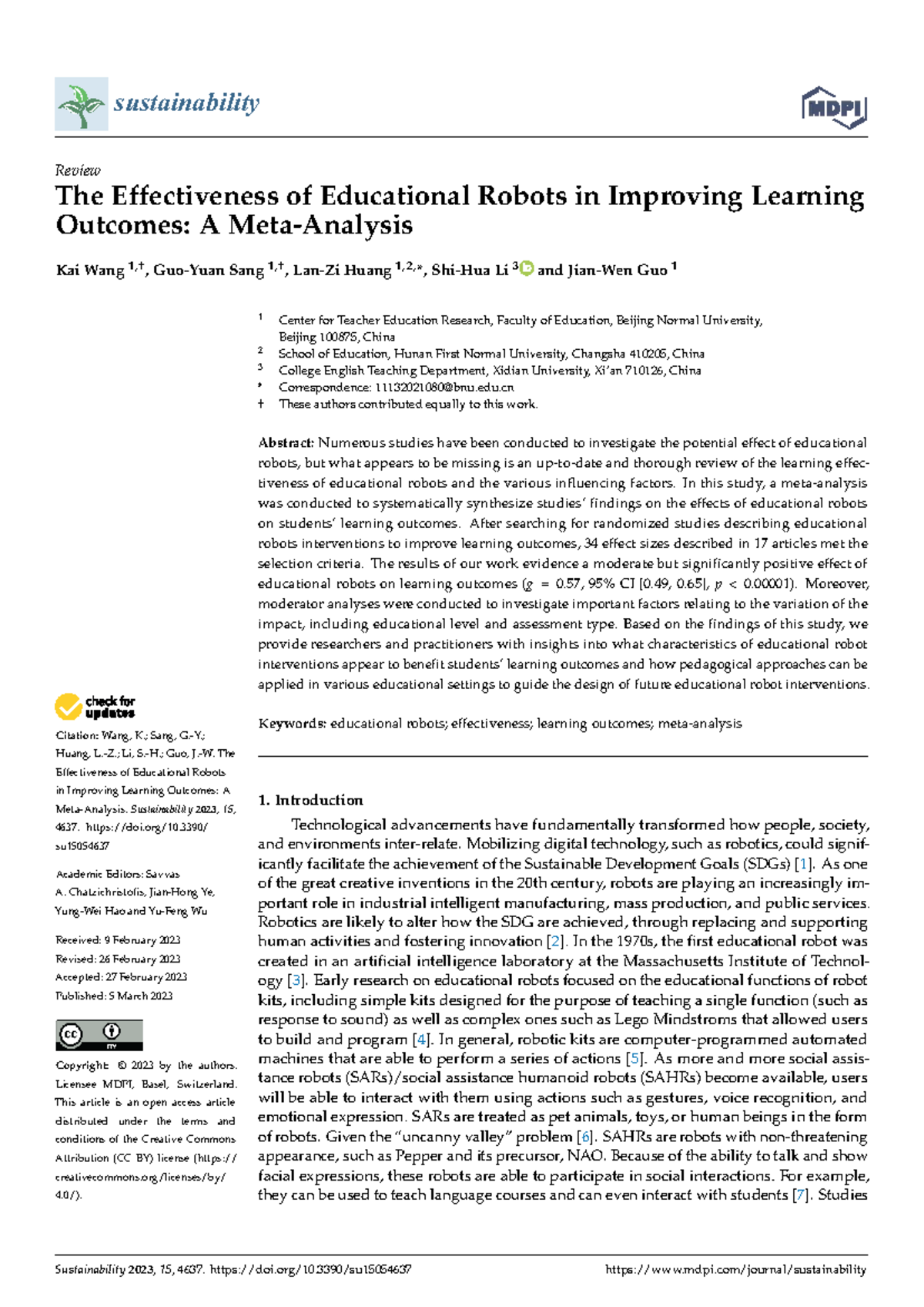 Sustainability 2023: Review of Educational Robots' Impact on Learning ...