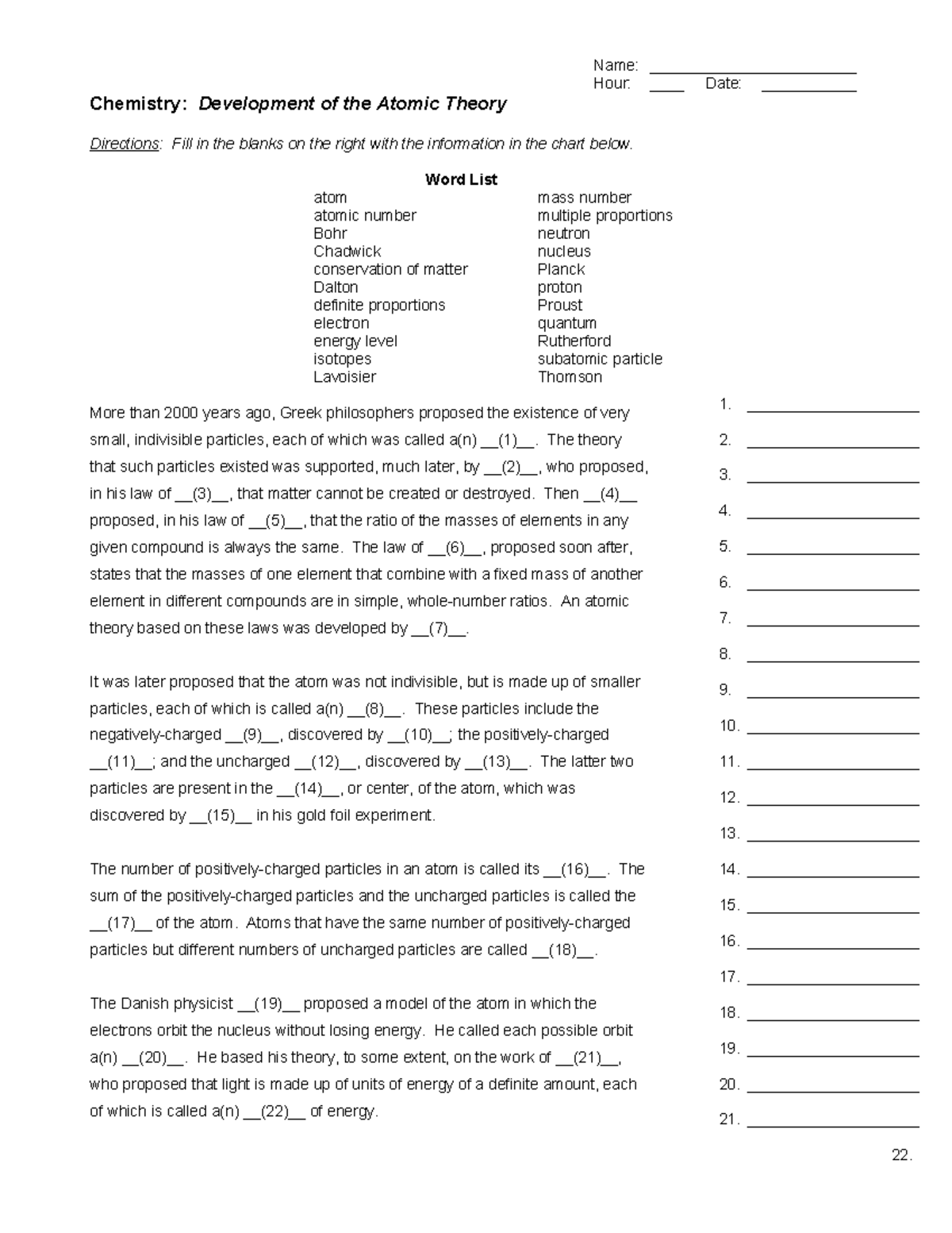 3HISTATOMWSKEY - Atomic Theory Practice Questions and Review - Studocu