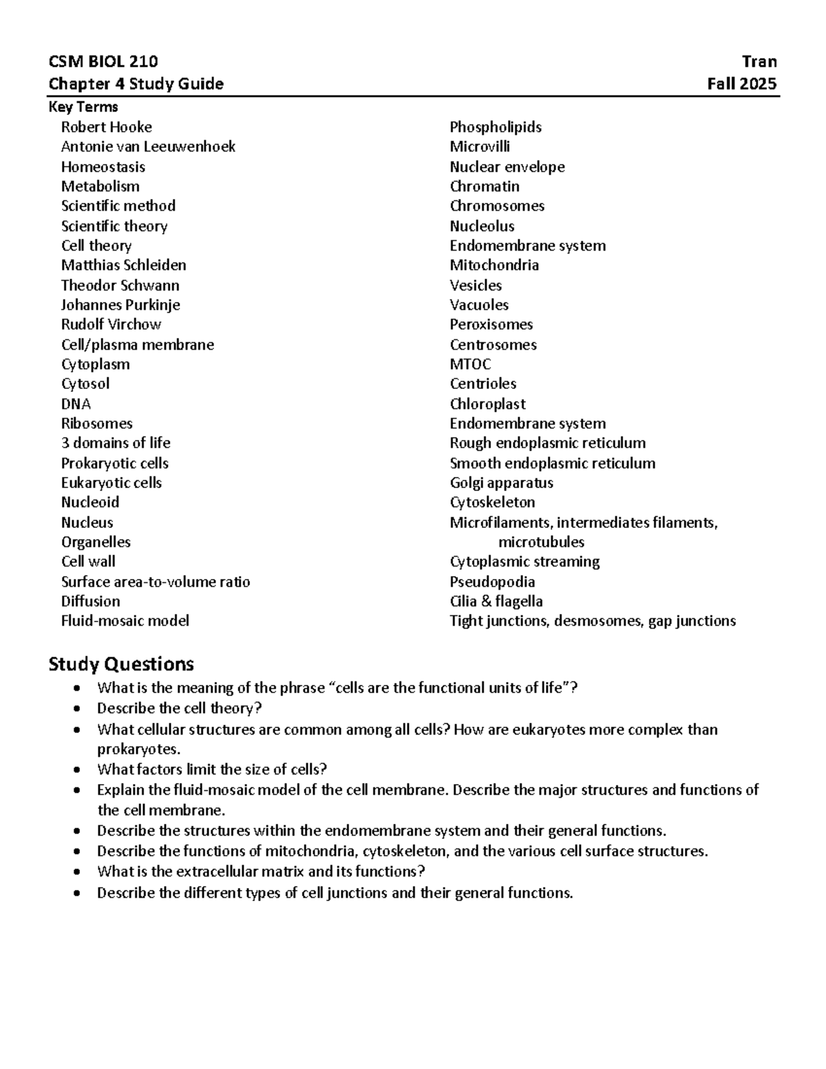 CSM BIOL 210 Chapter 4 Study Guide - Key Terms & Concepts on Cells - Studocu