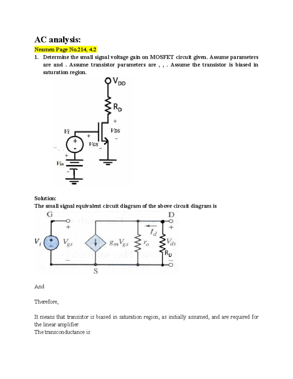 AC Analysis Numericals: Small Signal Voltage Gain in MOSFET Circuits ...