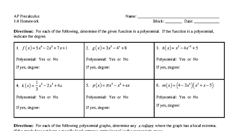 AP Precalculus 1.4 Homework: Polynomial Functions & Graphs Analysis ...