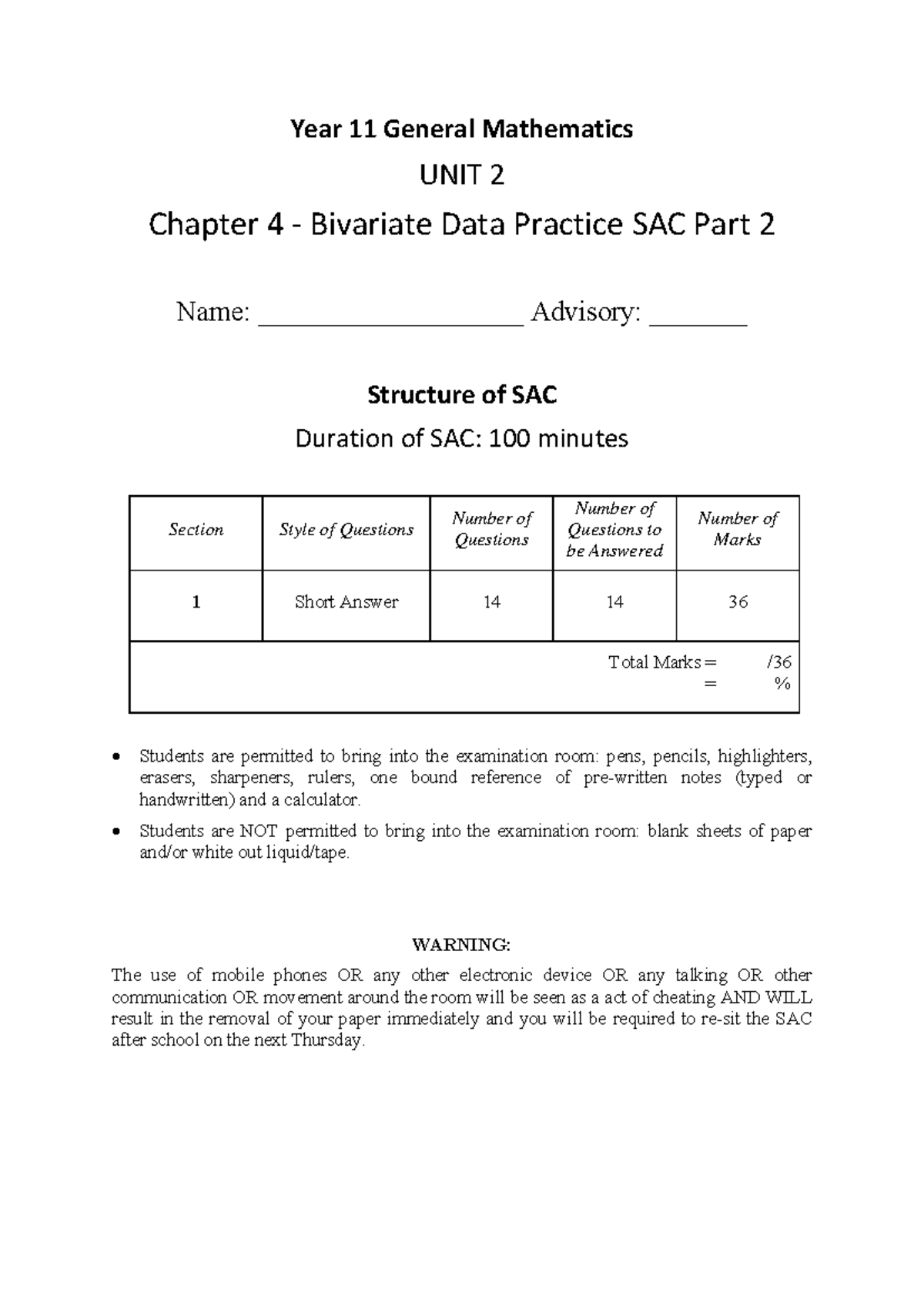 Bivariate Data Practice Test SAC - General Maths Unit 2 Insights - Studocu