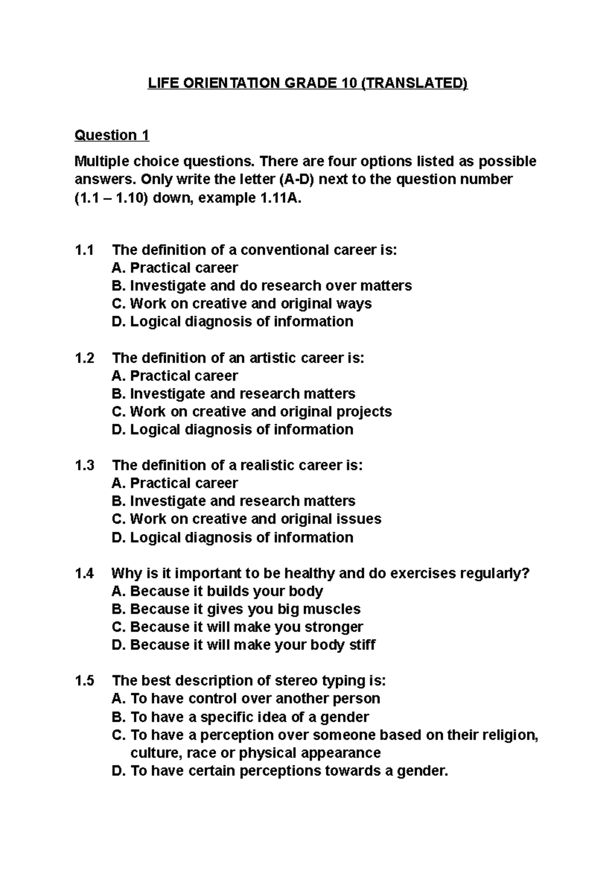 Life Orientation Grade 10 Exam Questions and Answers Guide - Studocu