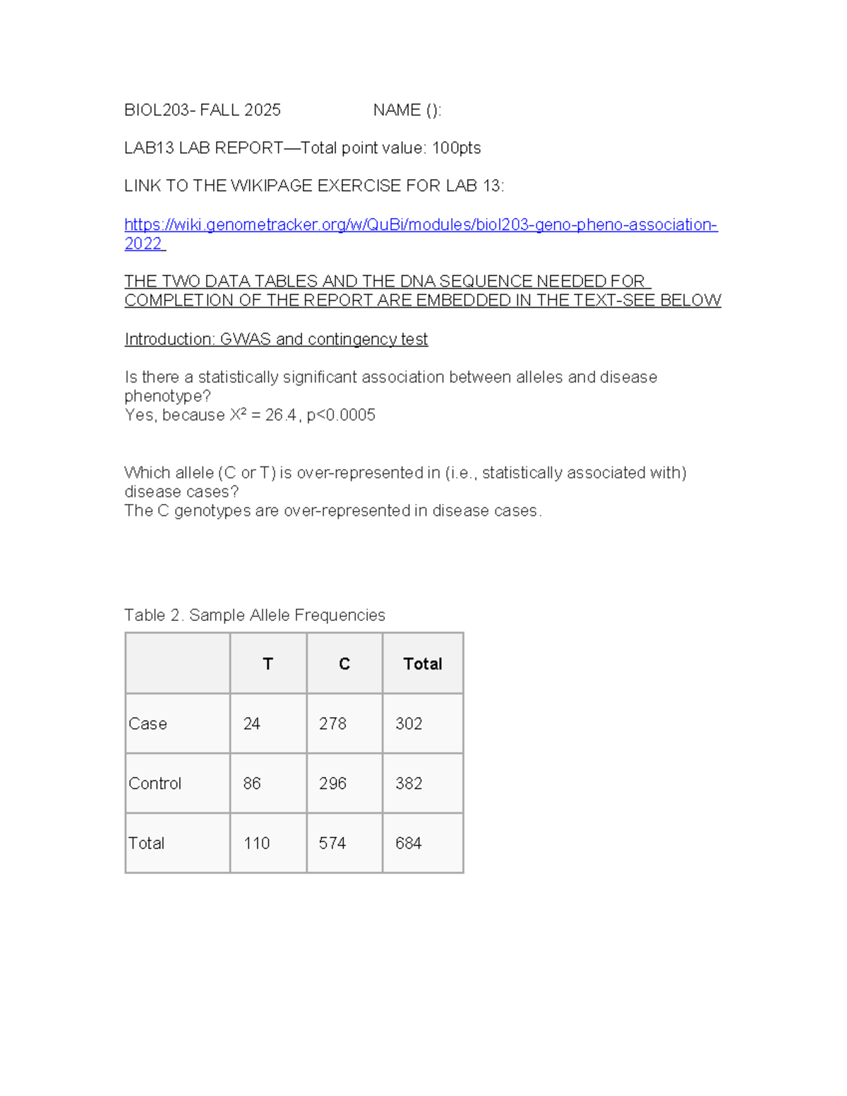 BIOL203: Lab 13 Report on GWAS and Contingency Testing - Studocu