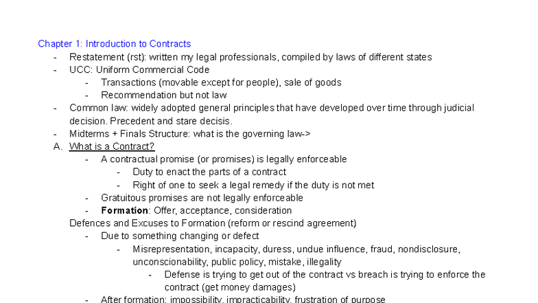 Contracts Outline: Key Concepts and Principles (LAW 101) - Studocu