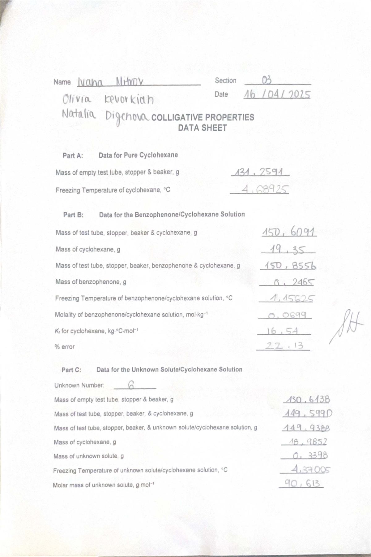 LAB Data Sheet: Colligative Properties Analysis (Section 03) - Studocu