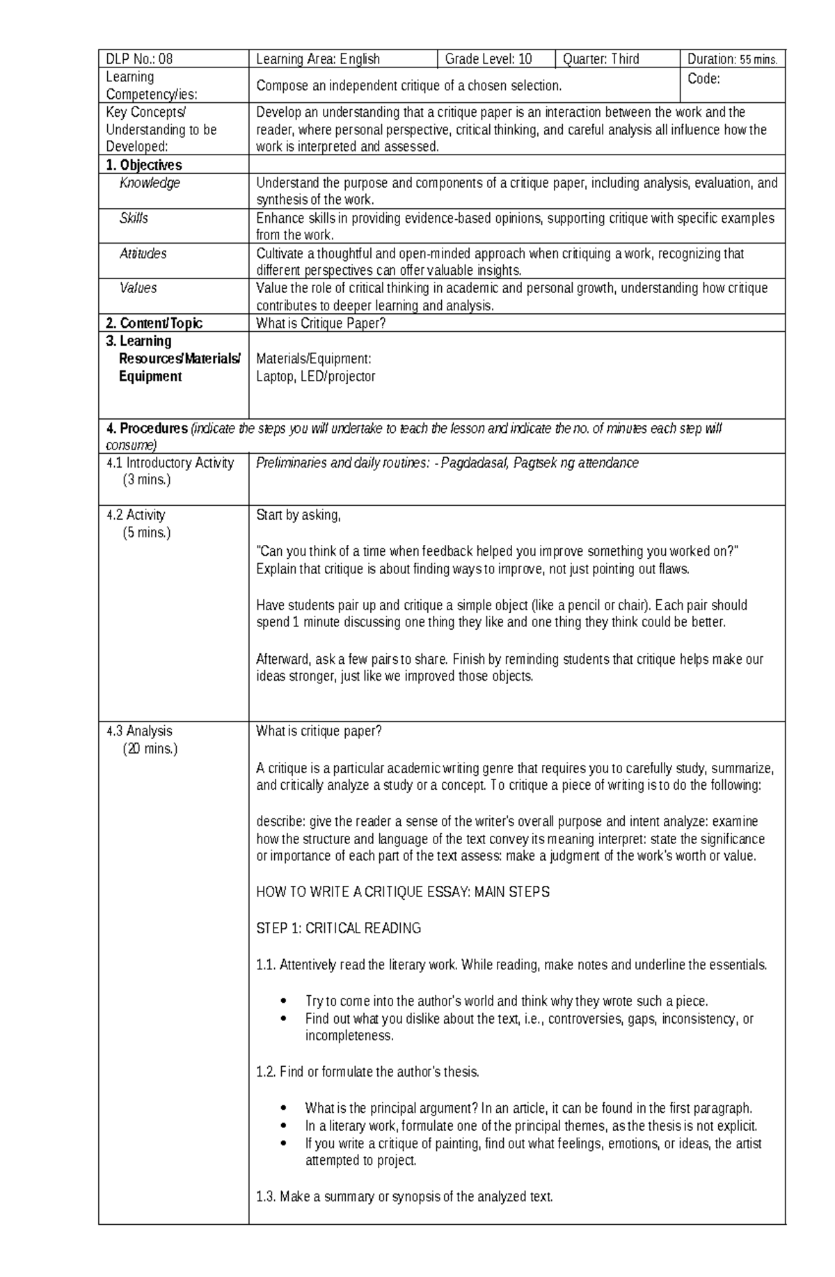 Eng 10 Critique Paper Guidelines and Lesson Plan - Studocu