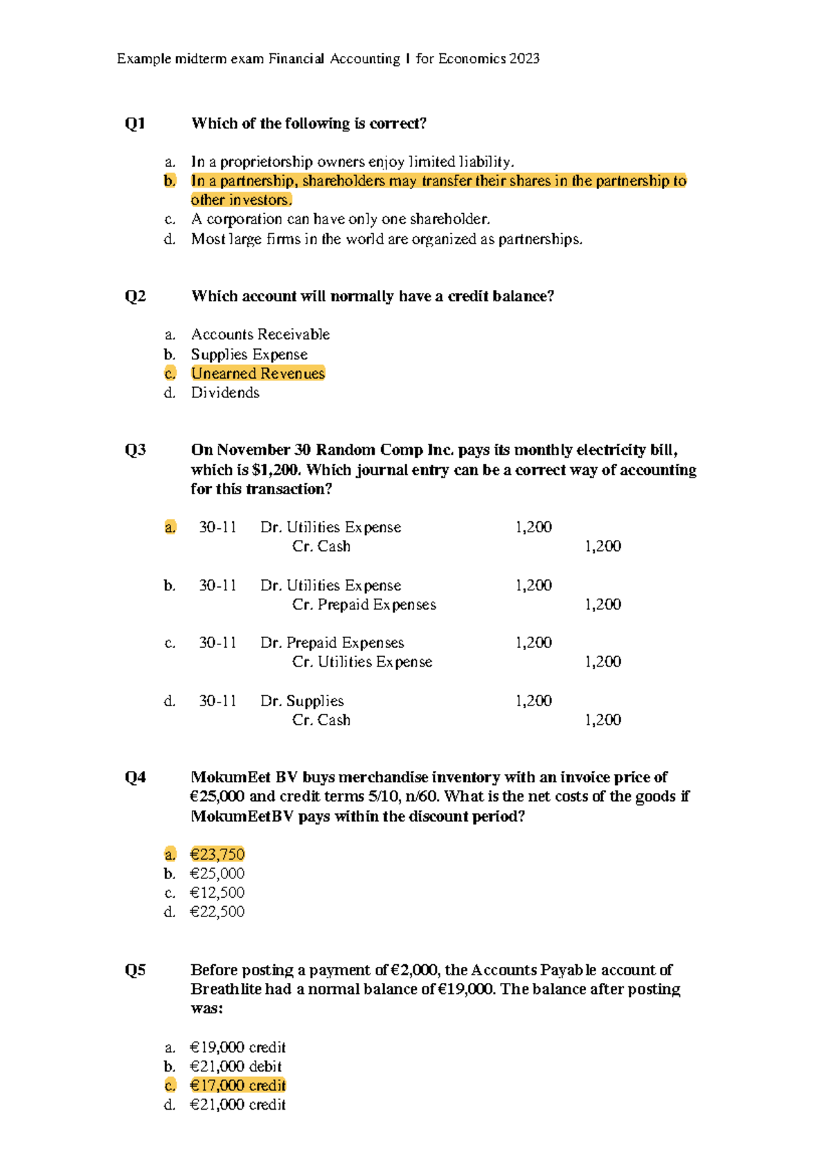 Example Midterm Exam Financial Accounting 1 for Economics 2023 ...