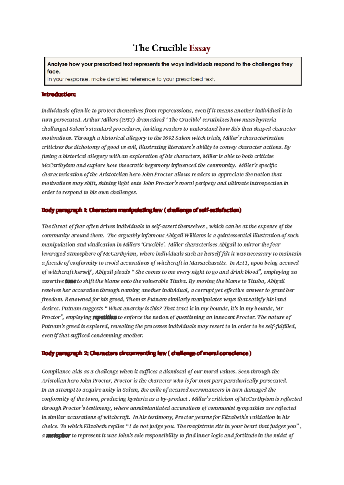 The Crucible class essay - The Crucible Essay Introduction: Individuals ...