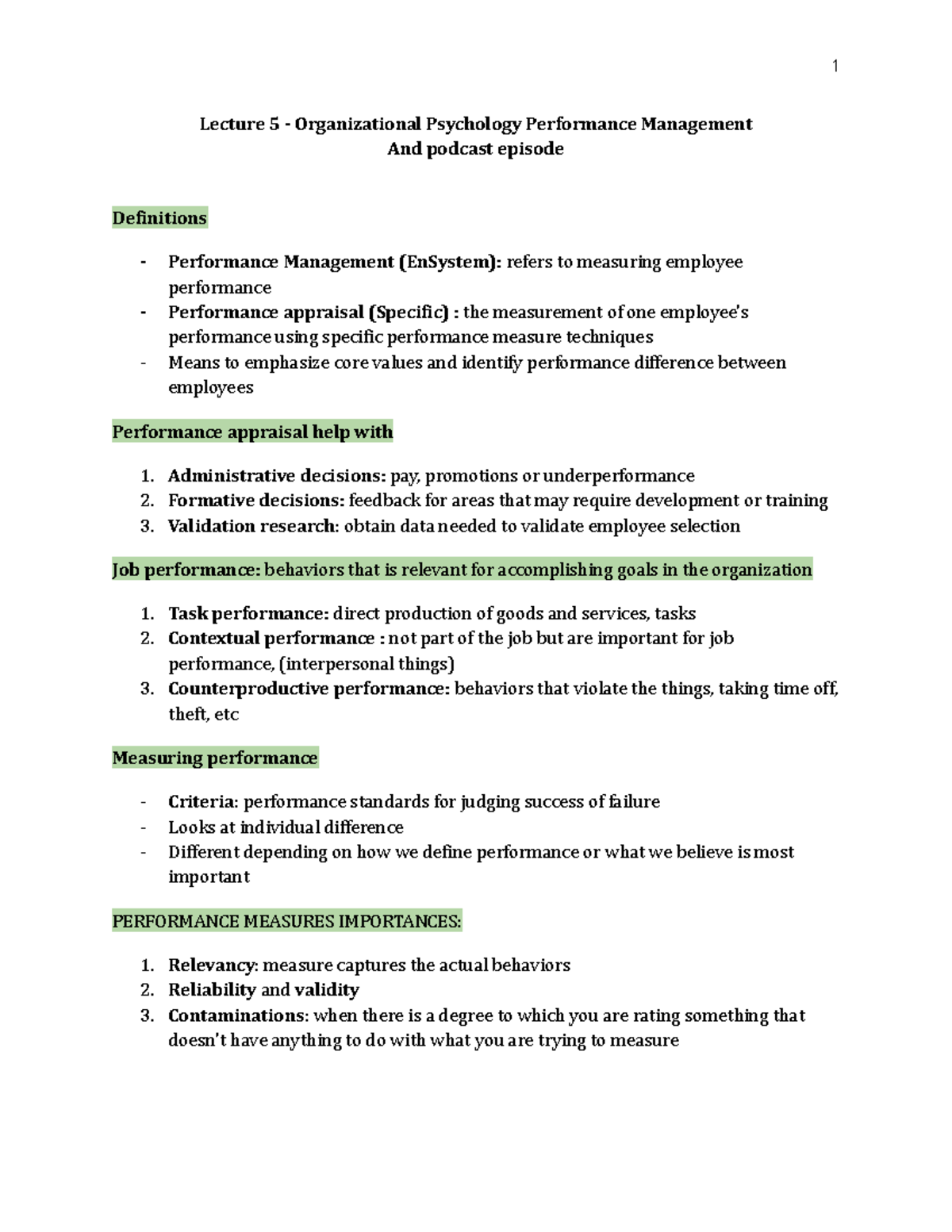 Lecture 5 - Organizational Psychology: Performance Management - Studocu