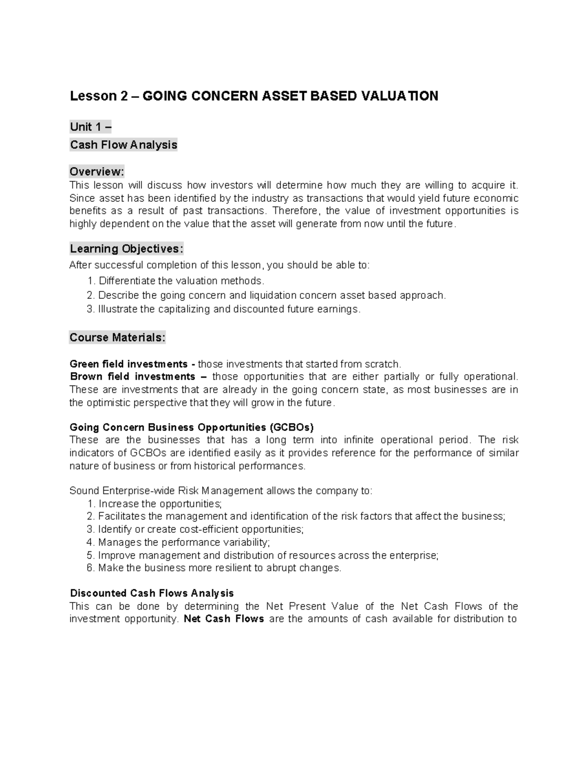 Lesson 2: Going Concern Asset-Based Valuation - Unit 1 Cash Flow ...